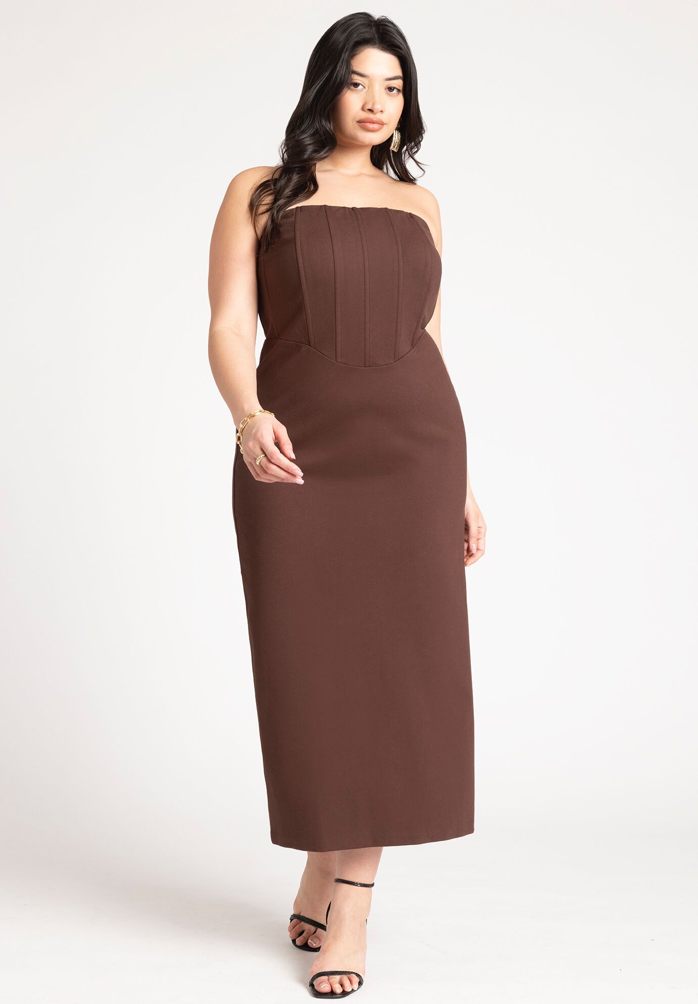 Corset Column Dress - Bodycon Strapless Midi, Rich Brown | Eloquii