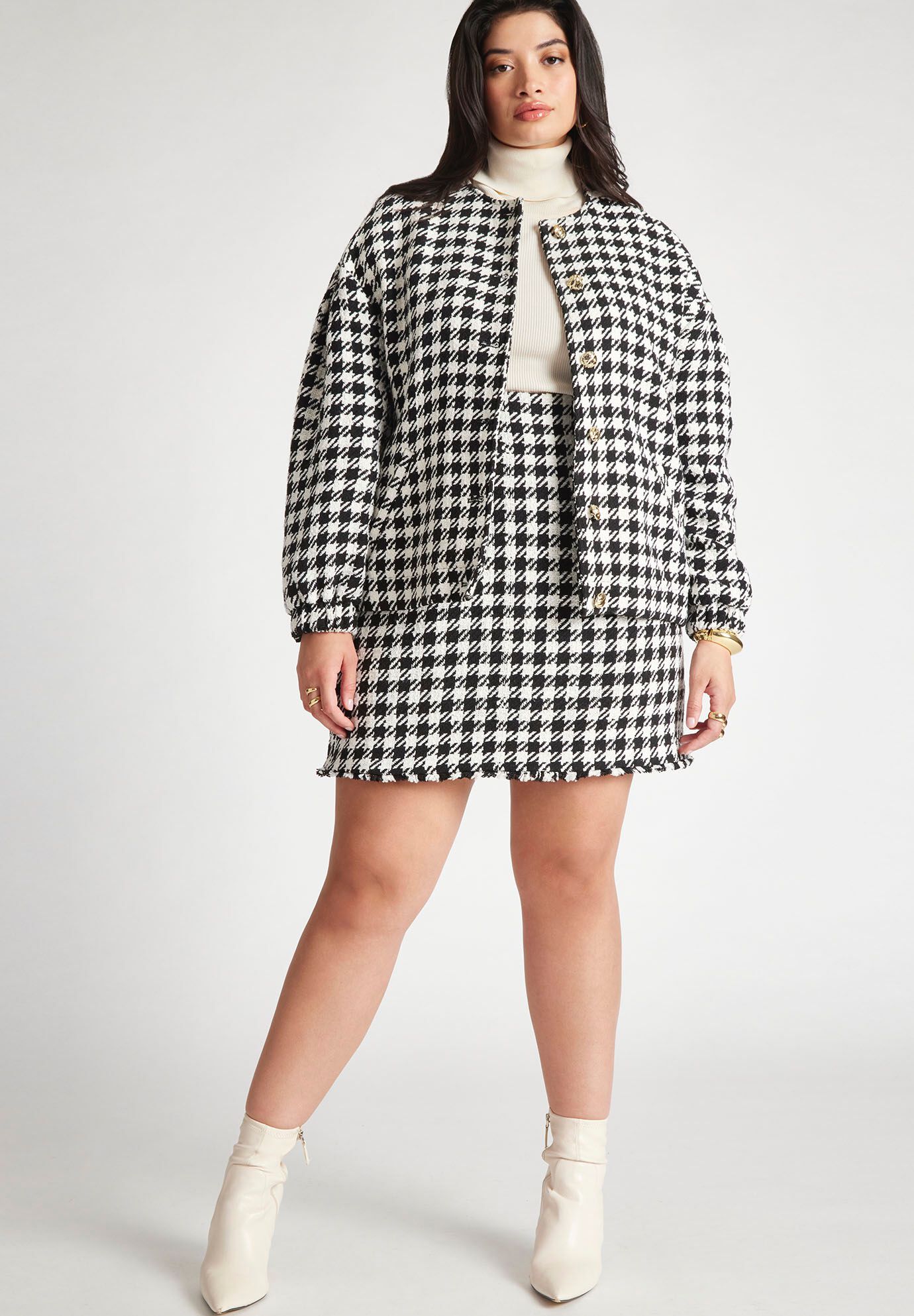 Houndstooth Mini Skirt with Frayed Hem, B+w Houndstooth | Eloquii