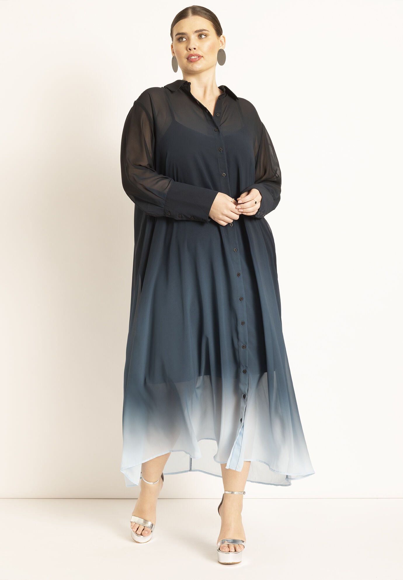 Ombre Shirt Dress with Functional Front Placket, Faded Ink | Eloquii