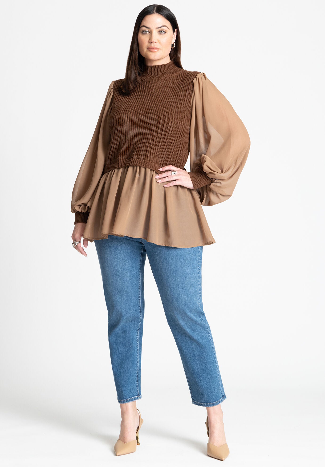 Turtleneck Twofer Sweater with Chiffon, Downtown Brown | Eloquii