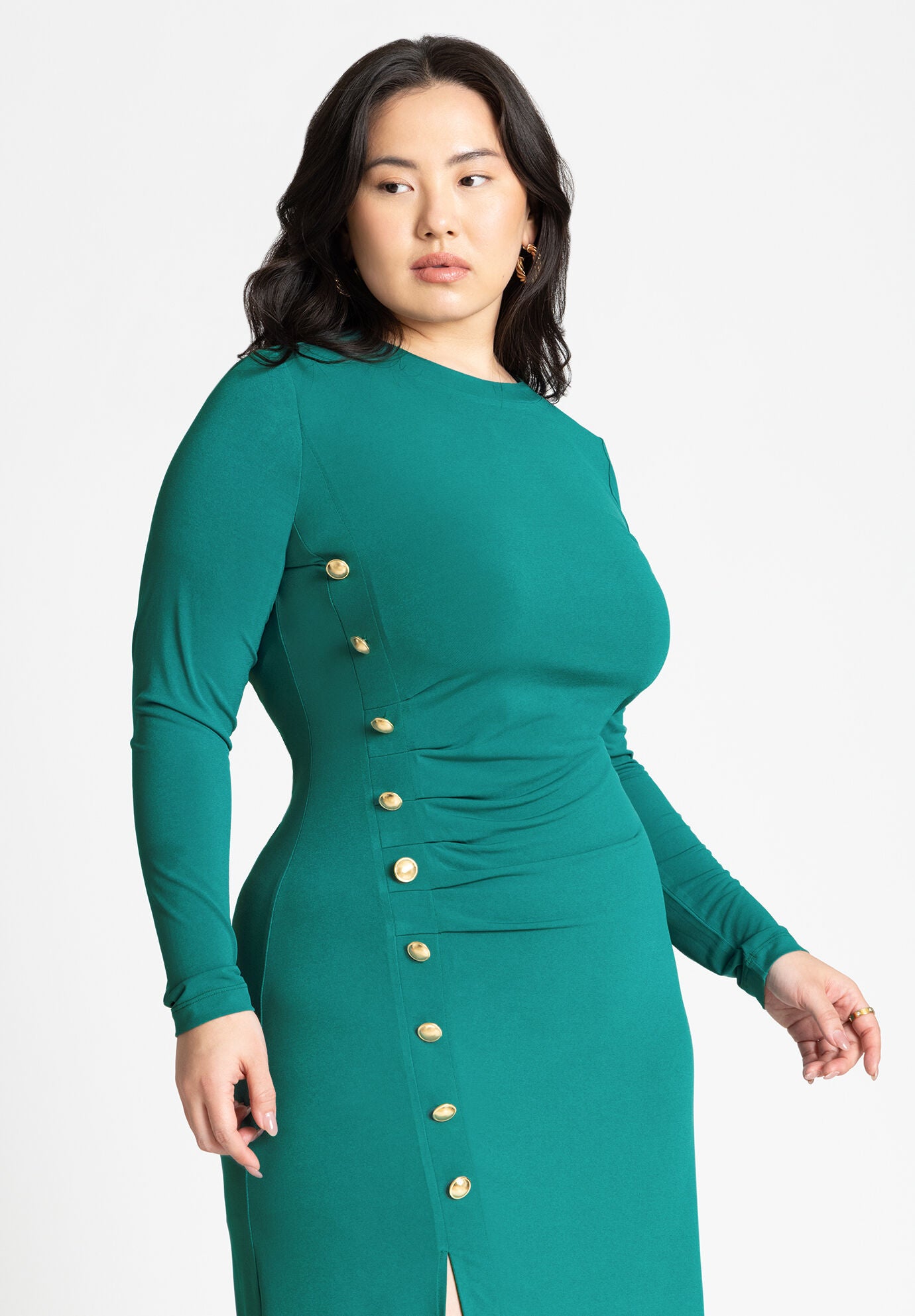 Button Detail Midi Dress - Close Fit, Long Sleeve, Antique Green | Eloquii