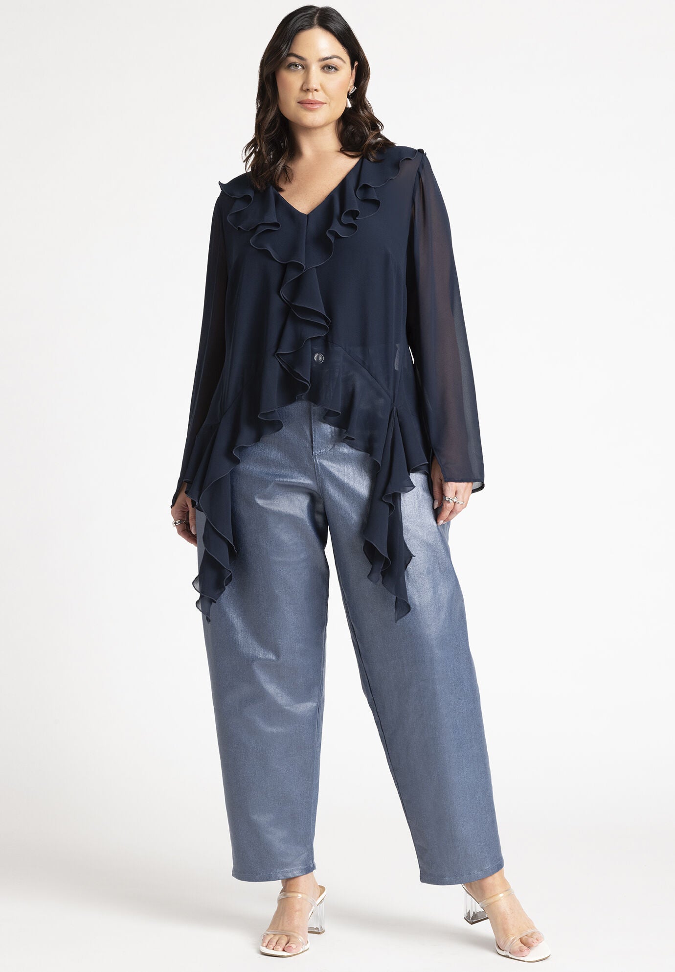 Ruffle Trim Blouse with V-Neck Pullover, Rich Navy | Eloquii