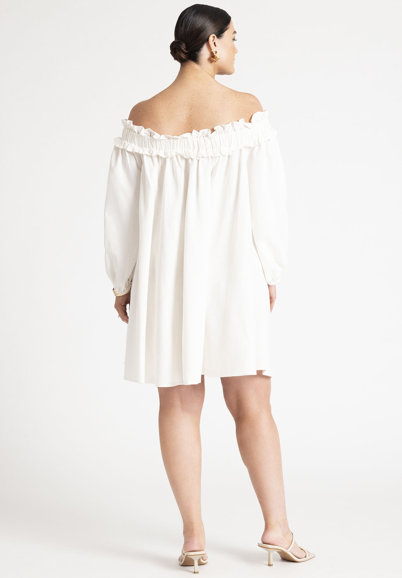 Ruffle Neckline Mini Dress - Rayon Linen, Puff Sleeve, Pearl | Eloquii