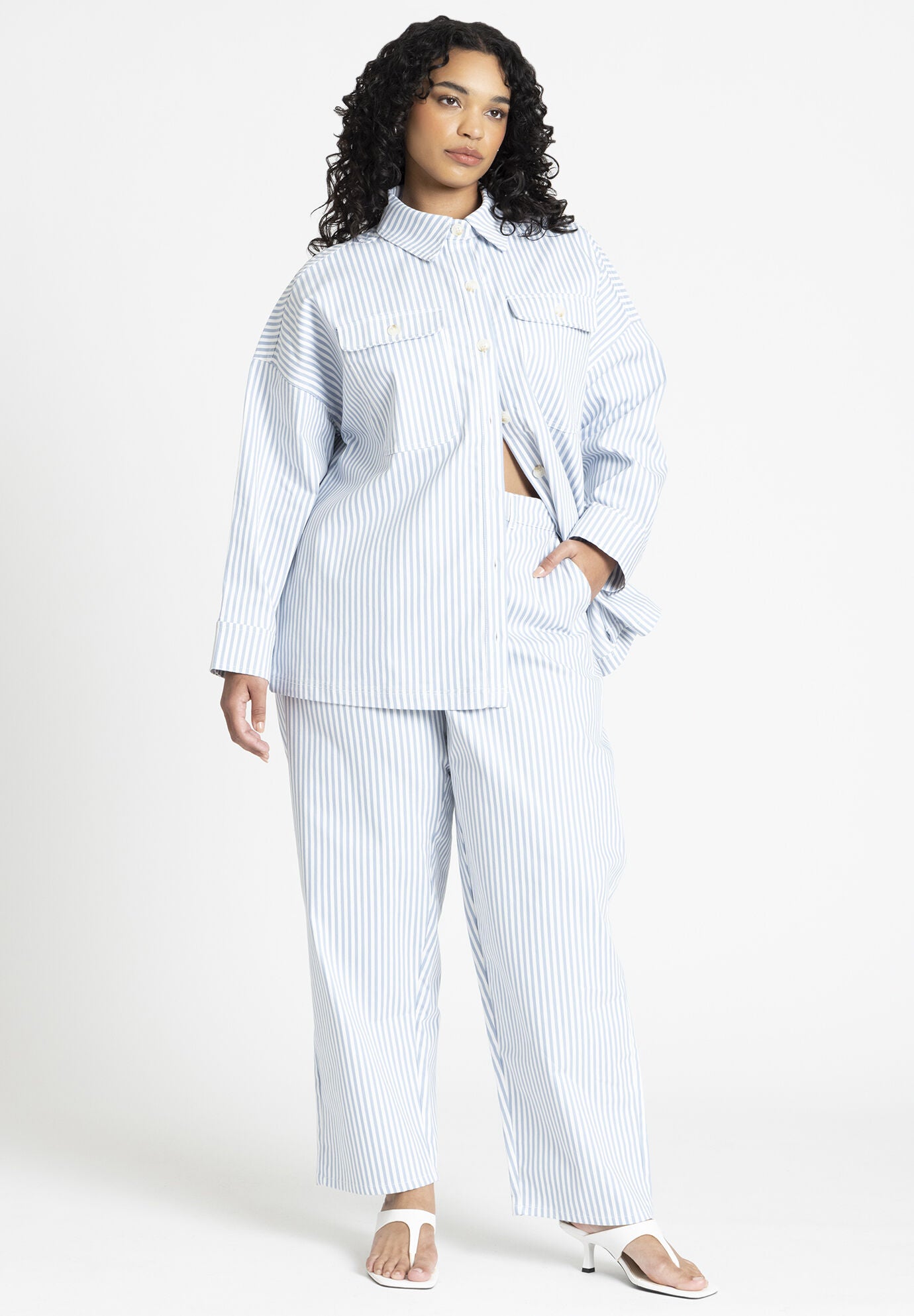 Yarn Dye Striped Shacket for Women, Blue White Stripe | Eloquii