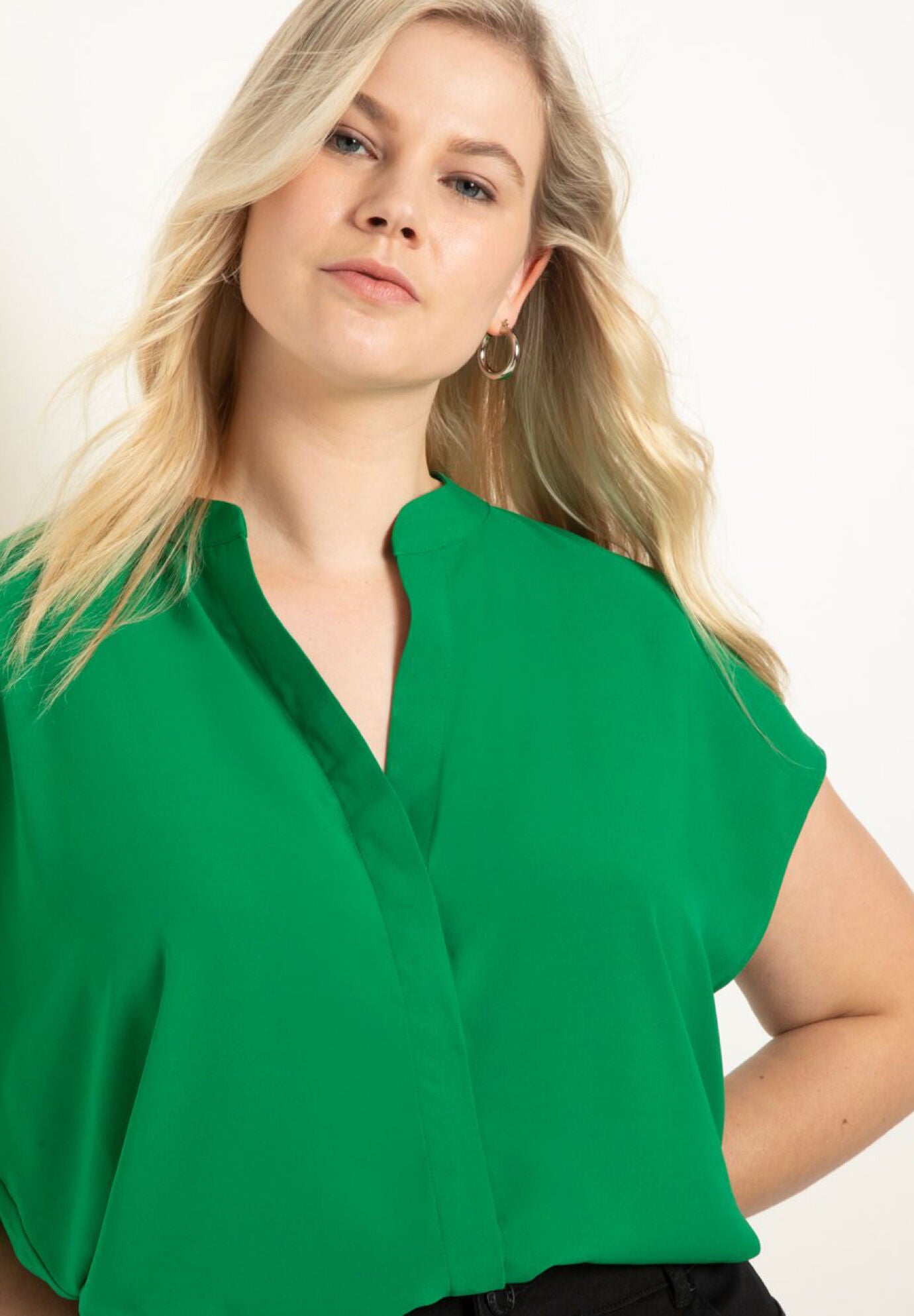 Notch Collar Blouse - Easy Fit, Button Front, Kelly Green | Eloquii