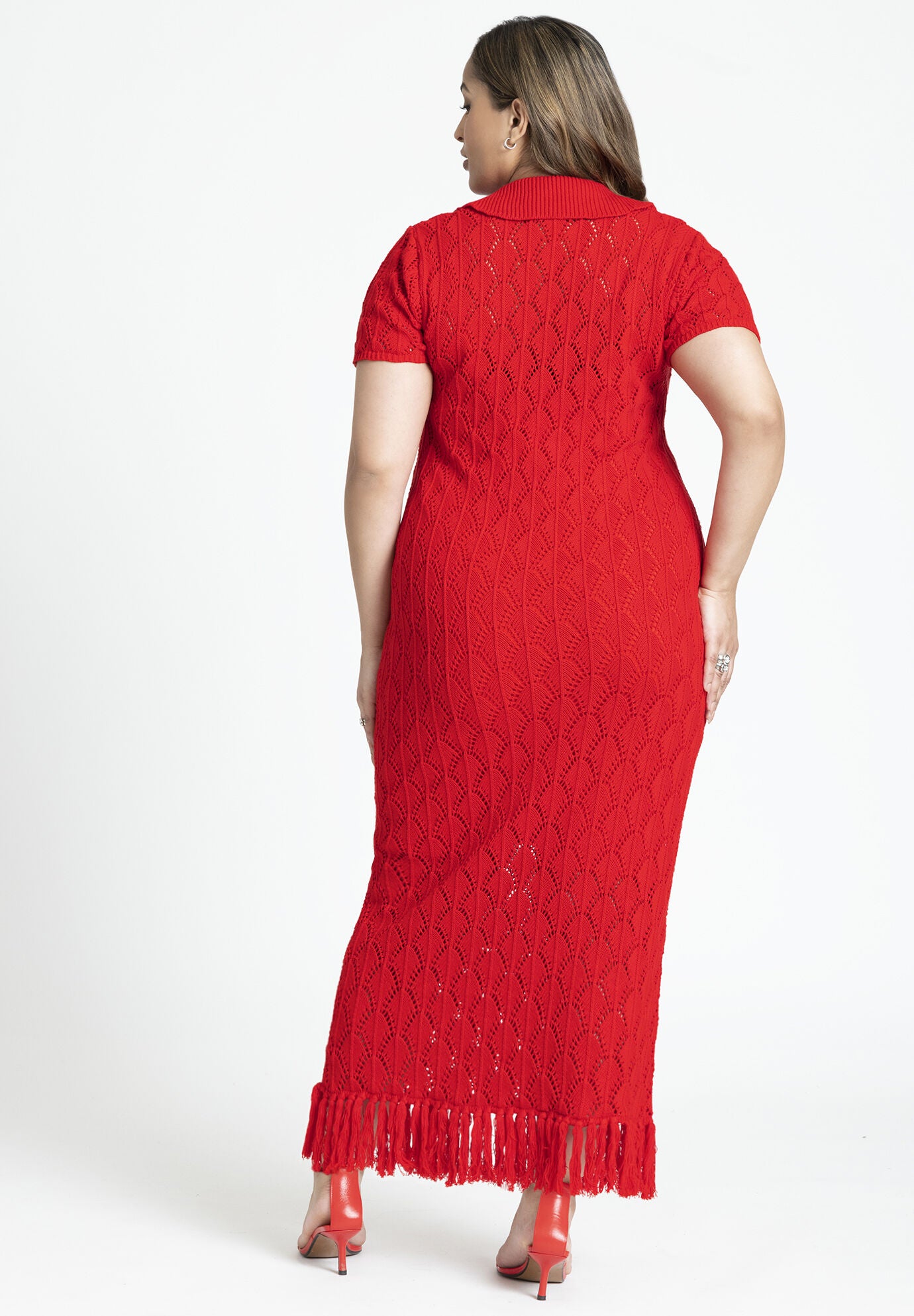 Crochet Maxi Dress with Fringe – Intarsia Knit, Hot Red | Eloquii