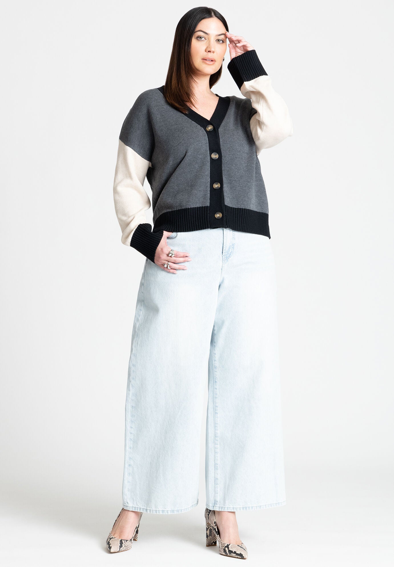 Colorblocked Boxy Cardigan with Button Placket, Heather Grey | Eloquii