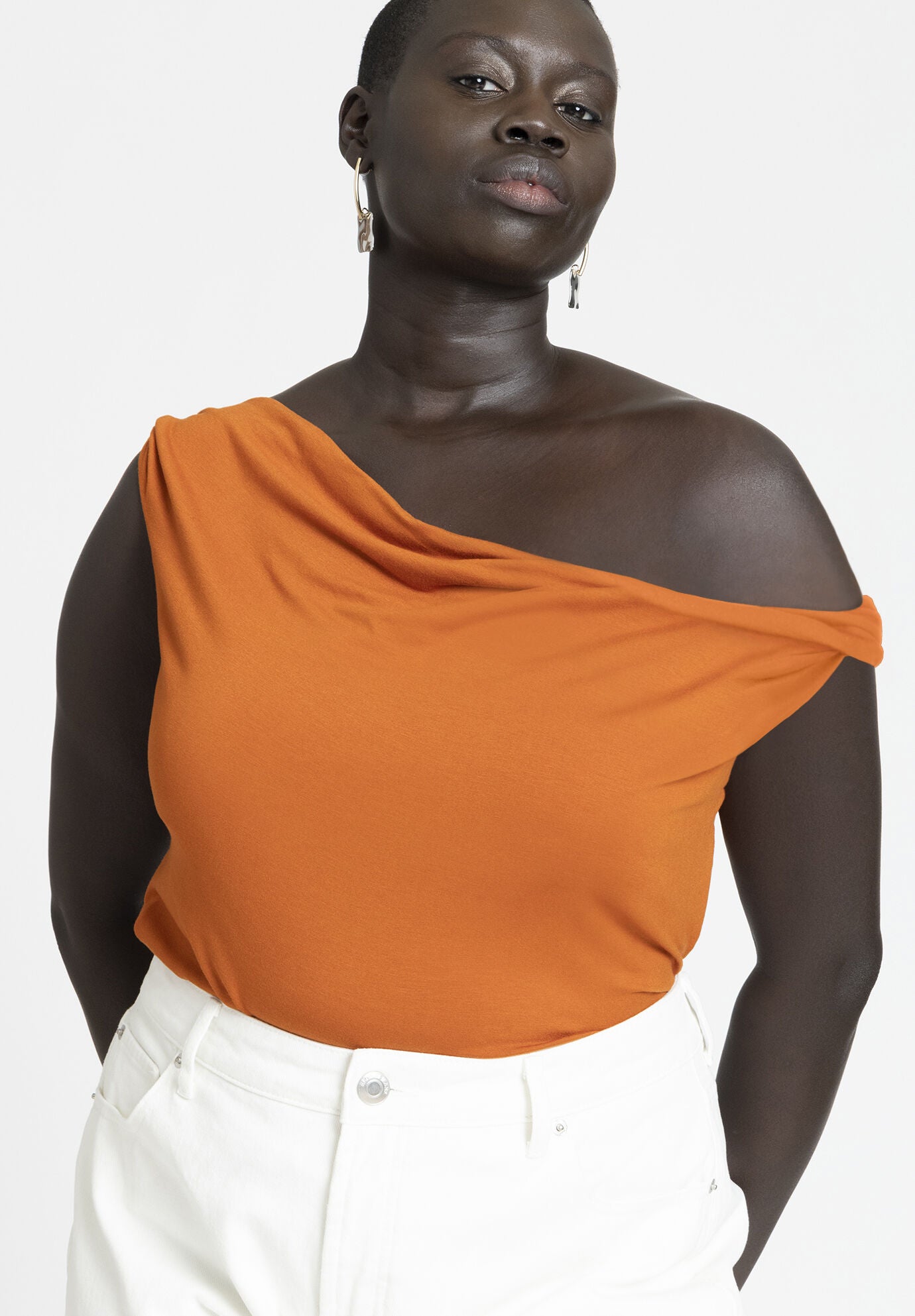 Asym Twist Sleeve Top - High-Stretch Knit Classic, Cinnamon Stick | Eloquii