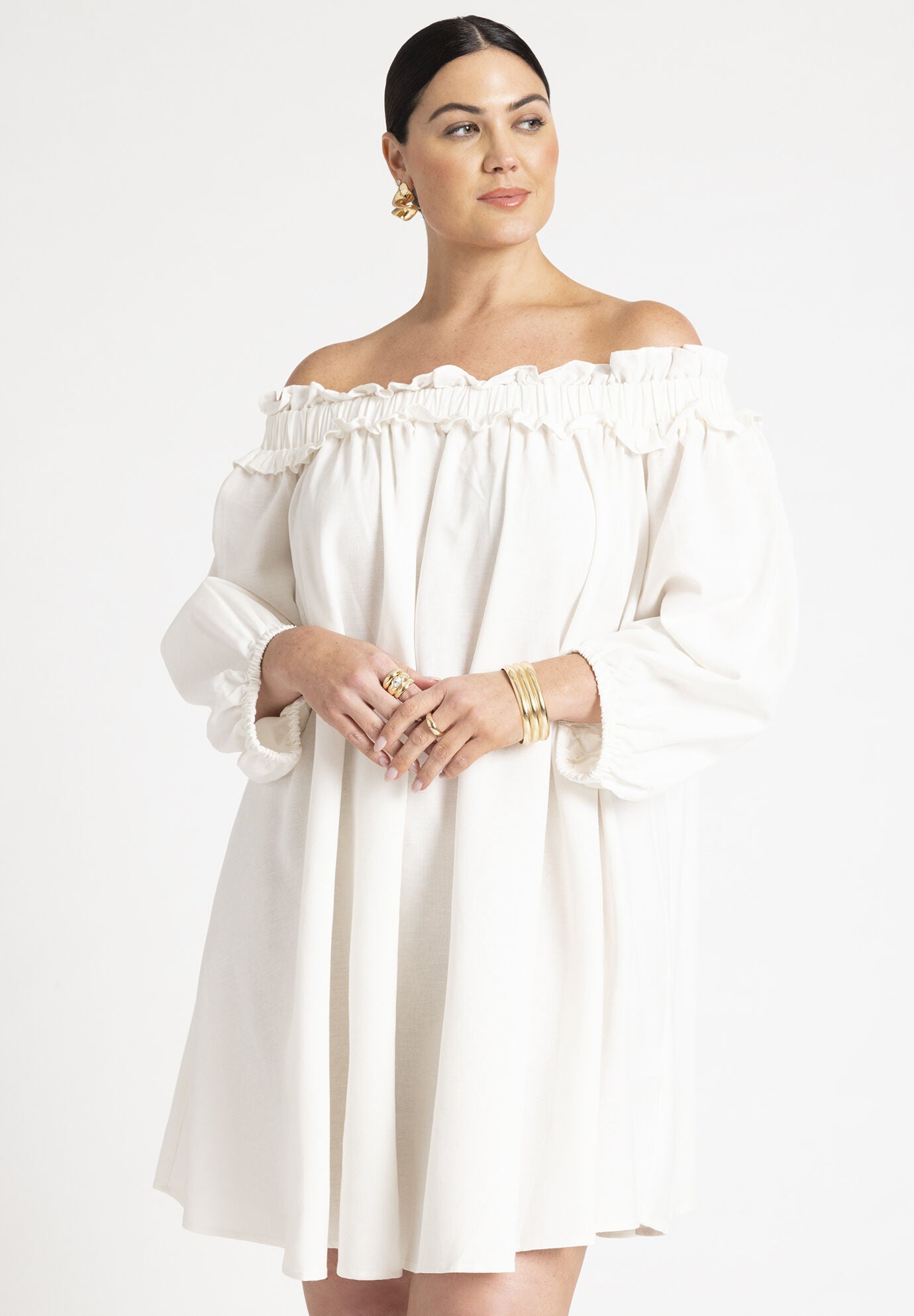 Ruffle Neckline Mini Dress - Rayon Linen, Puff Sleeve, Pearl | Eloquii
