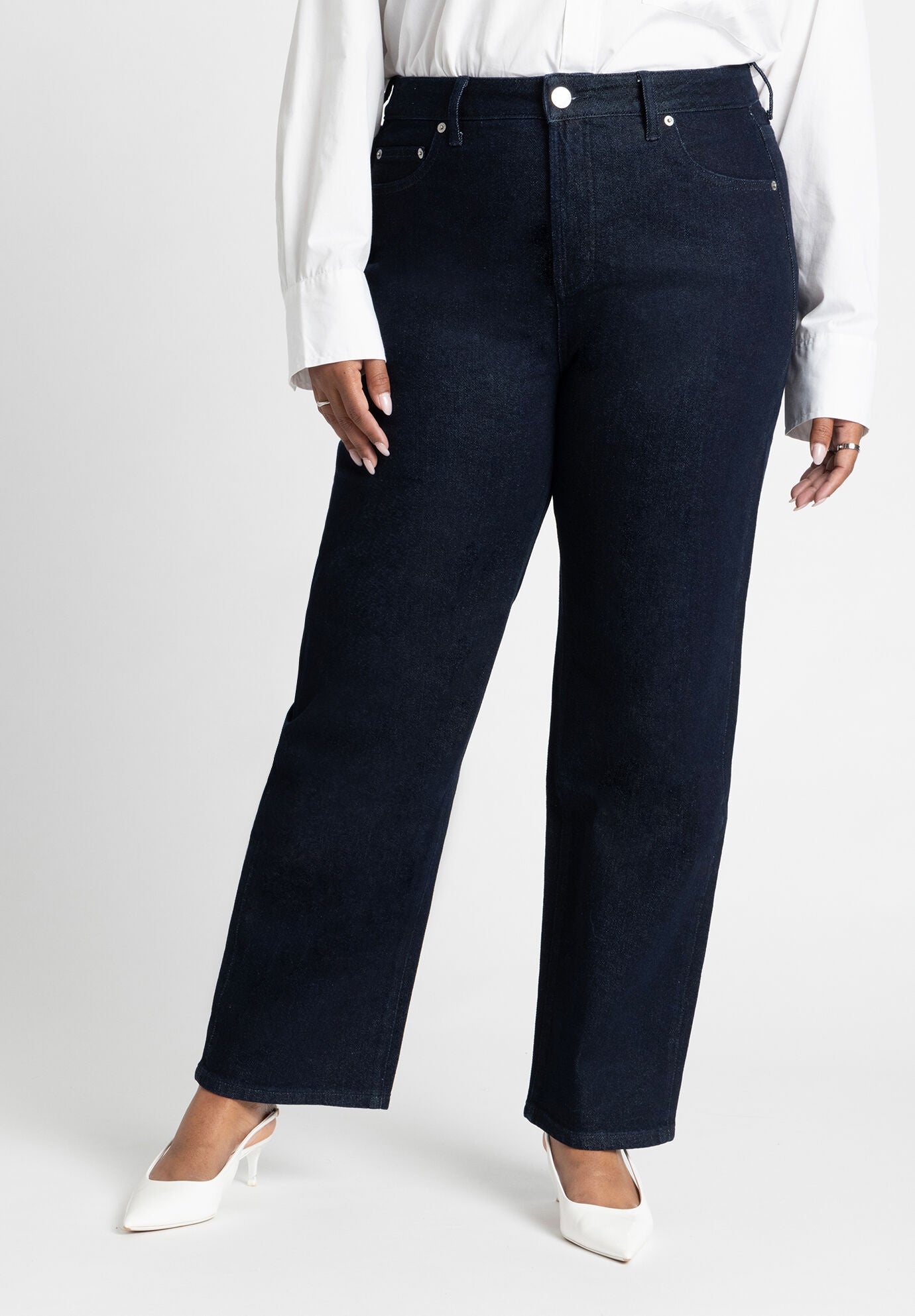 High Rise Naomi Stretch Straight Jeans, True Dark Rinse Denim | Eloquii