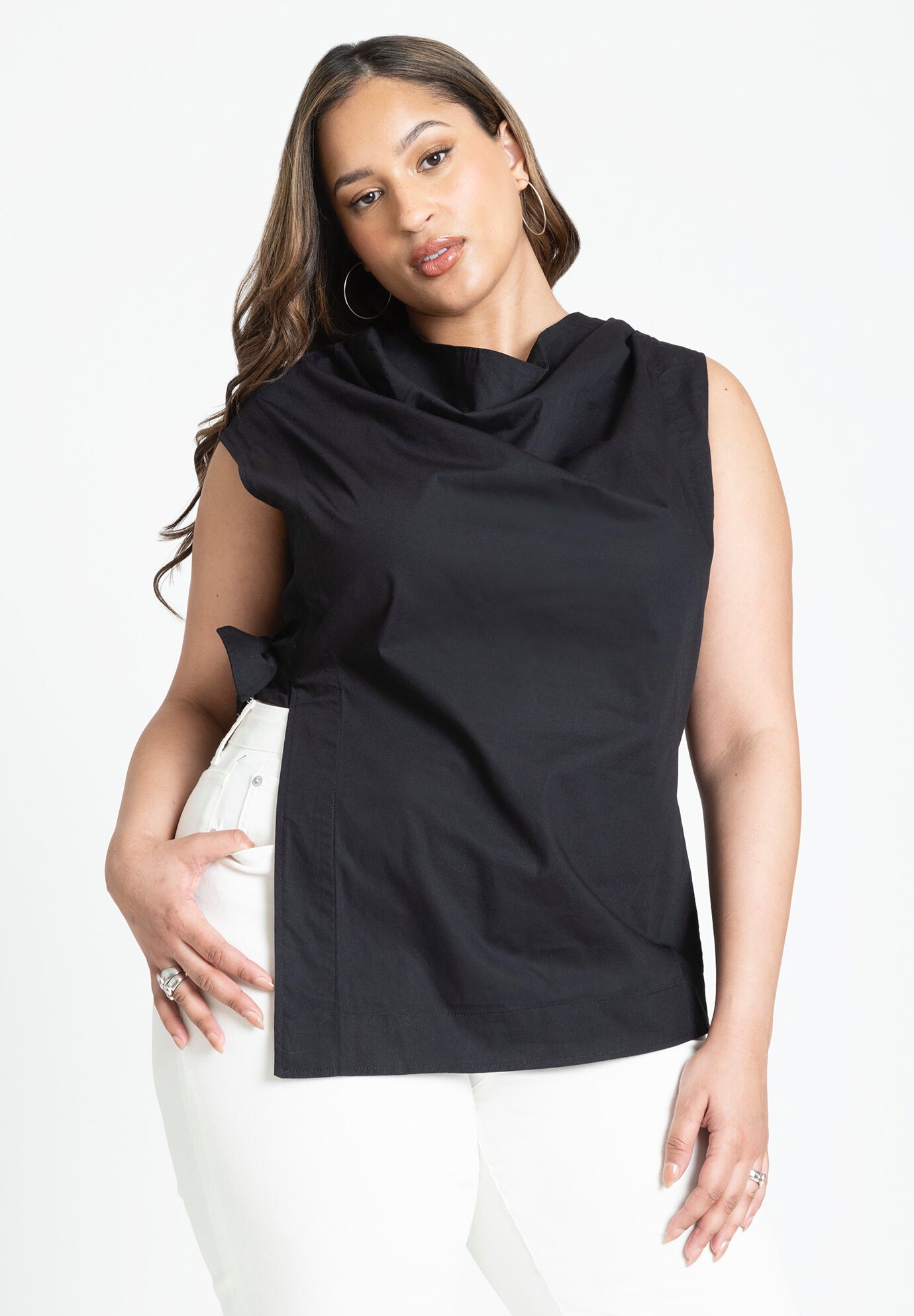 Asym Tie Top 100% Cotton Relaxed Fit, Black Onyx | Eloquii