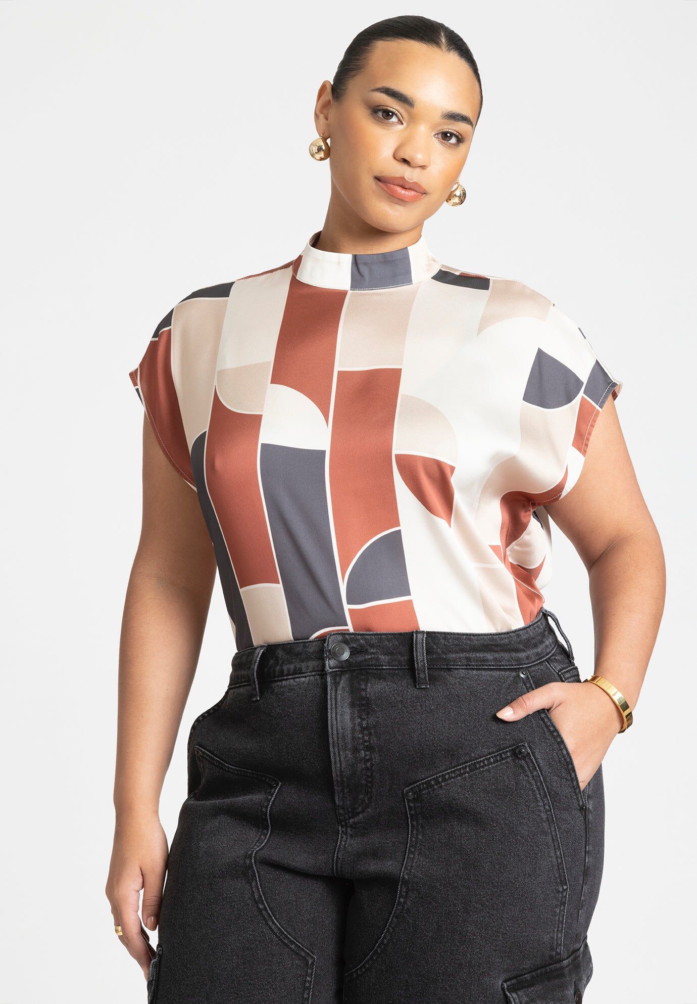Satin Mock Neck Shell, Relaxed Fit Top, Geo Print | ELOQUII
