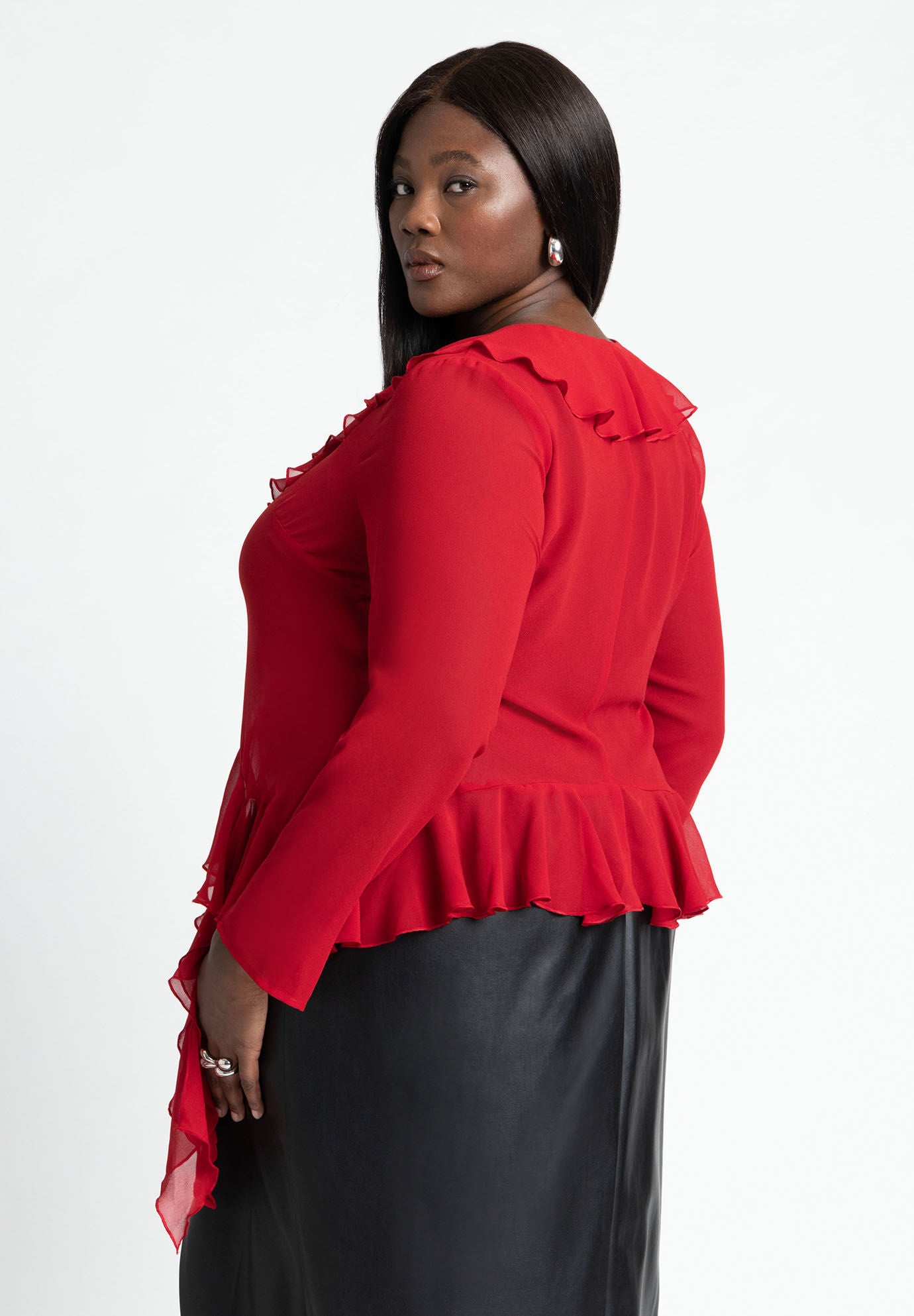 Ruffle Trim Blouse with V-Neck Pullover, Red Pear | Eloquii