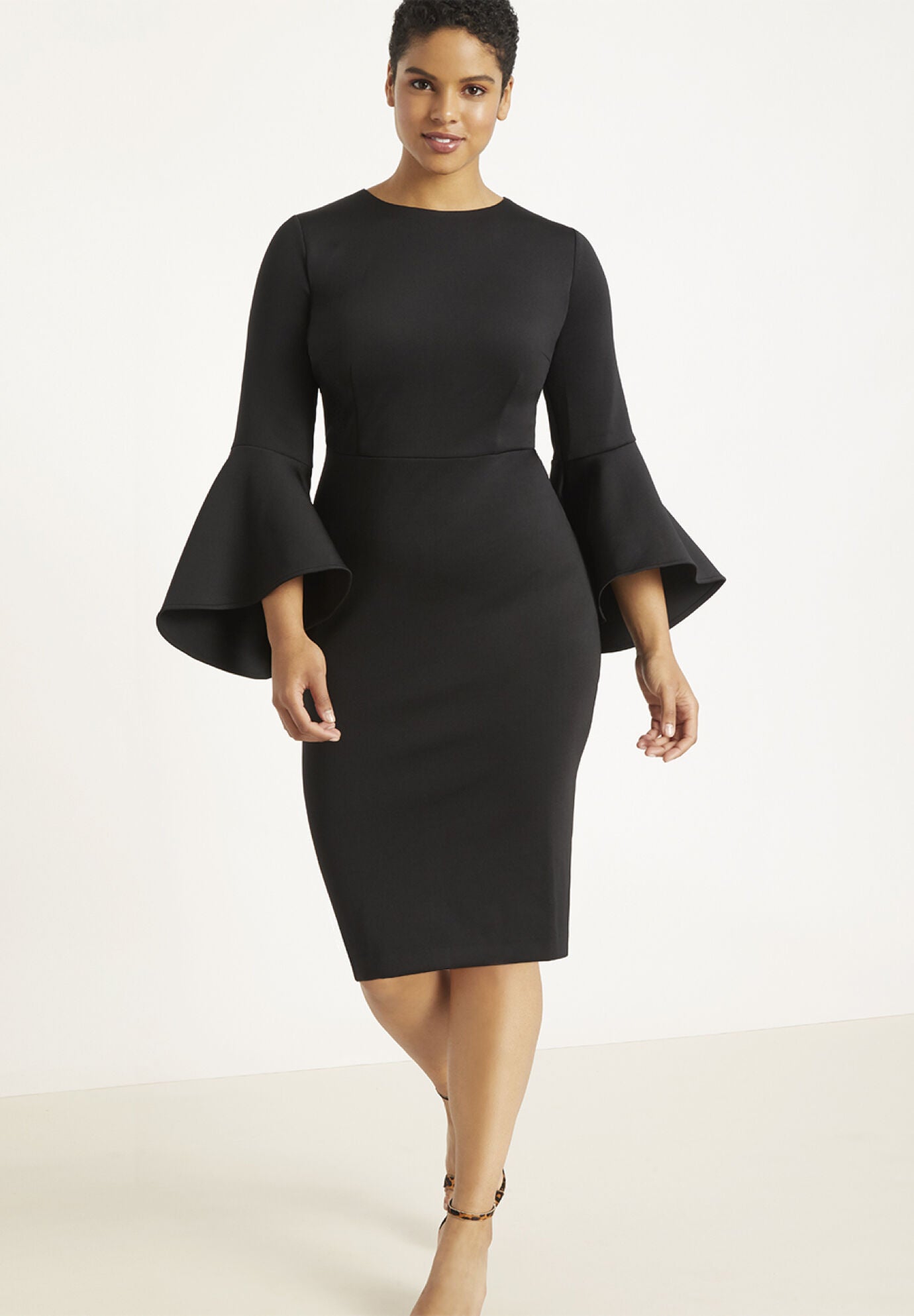 Flare Sleeve Scuba Dress - Midi Crewneck Style, Black | Eloquii
