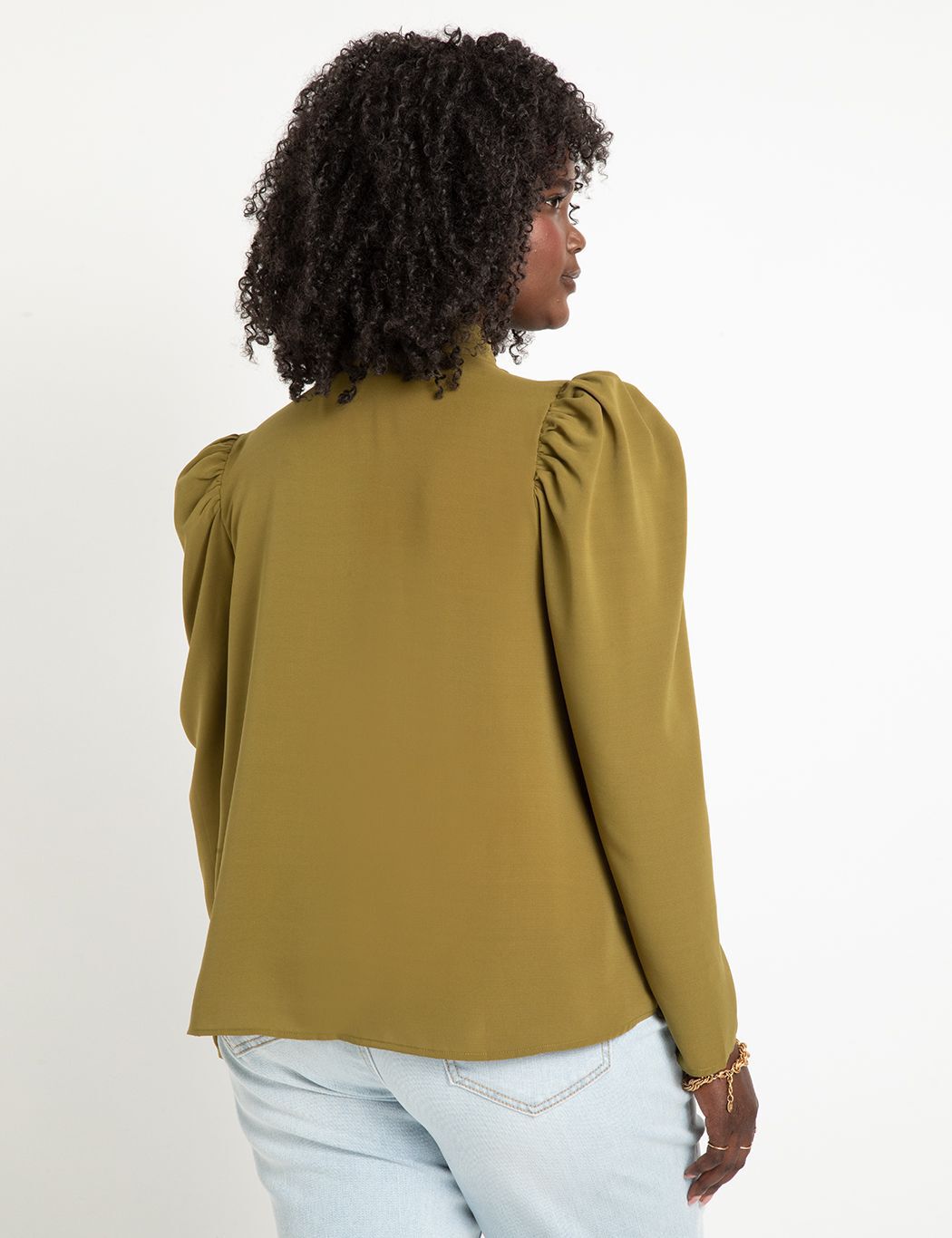 "Puff Sleeve Drape Front Blouse - Tie Neck", Olive | Eloquii