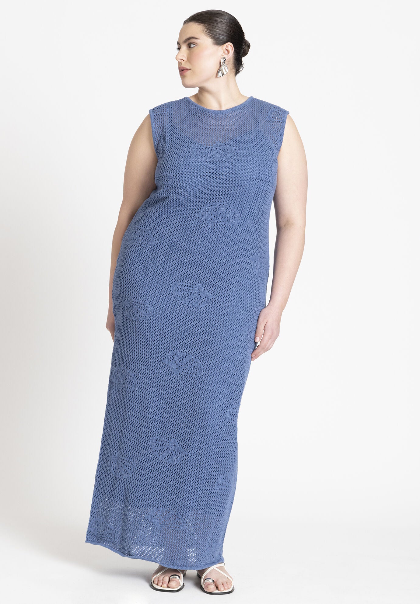 Crochet Maxi Sweater Dress - Shell Style, Blue Shadow | Eloquii