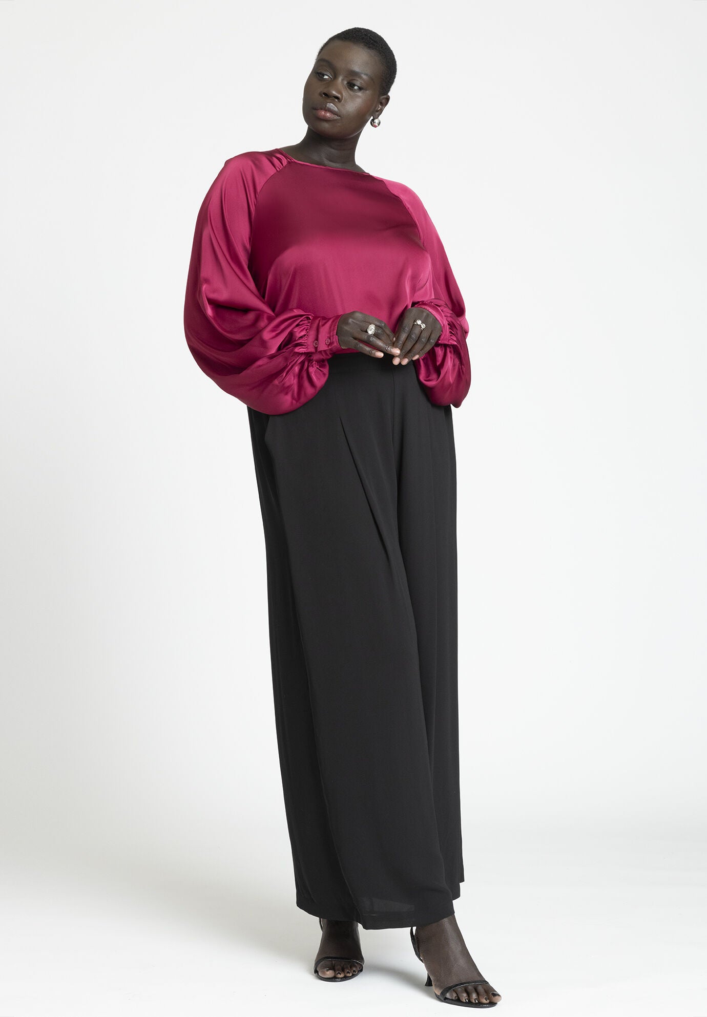 Poet Sleeve Satin Blouse with Tie Back, 4472955 | Eloquii