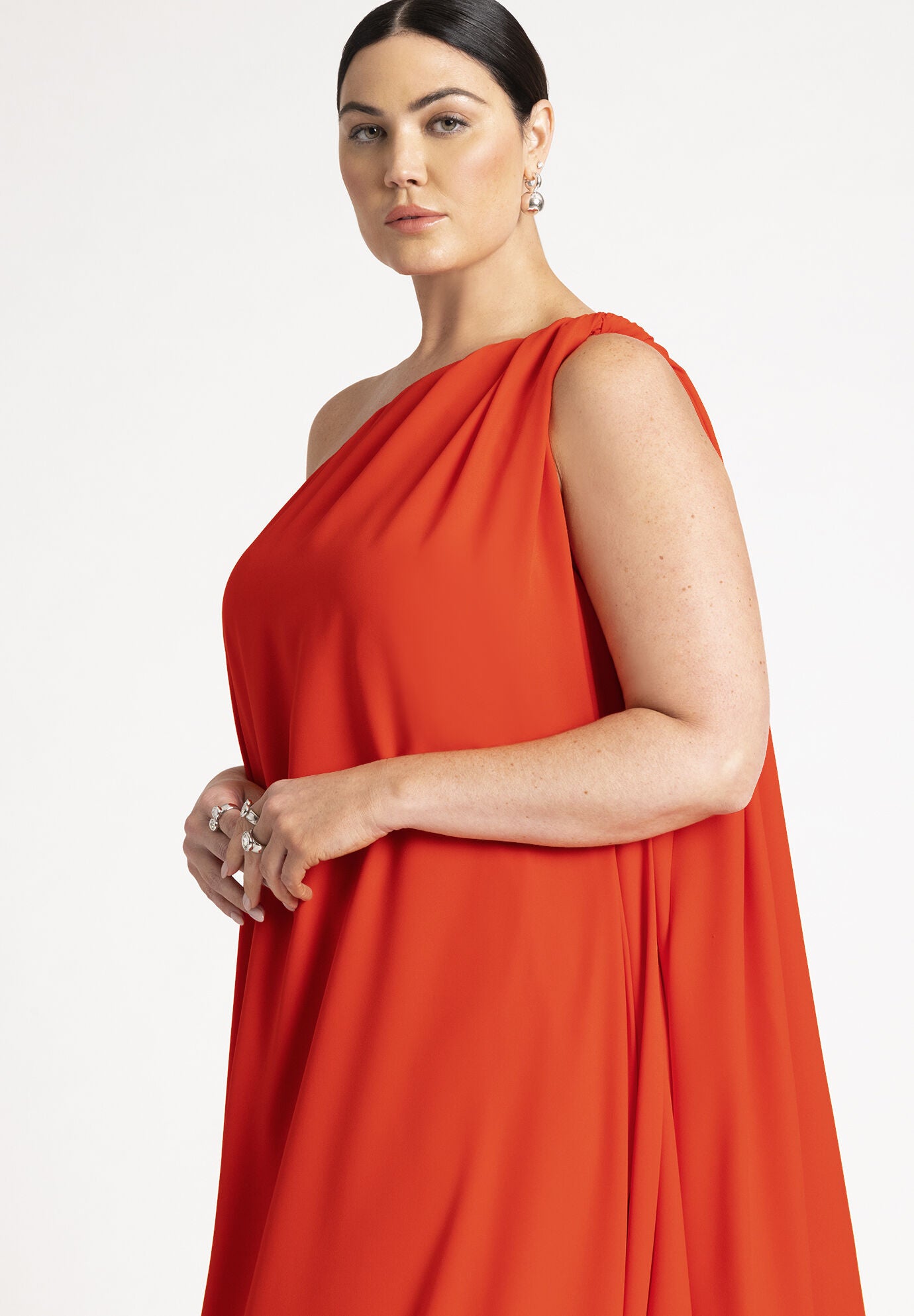 Dramatic Ruffle Gown Asymmetrical Neckline Dress, Bright Orange | Eloquii