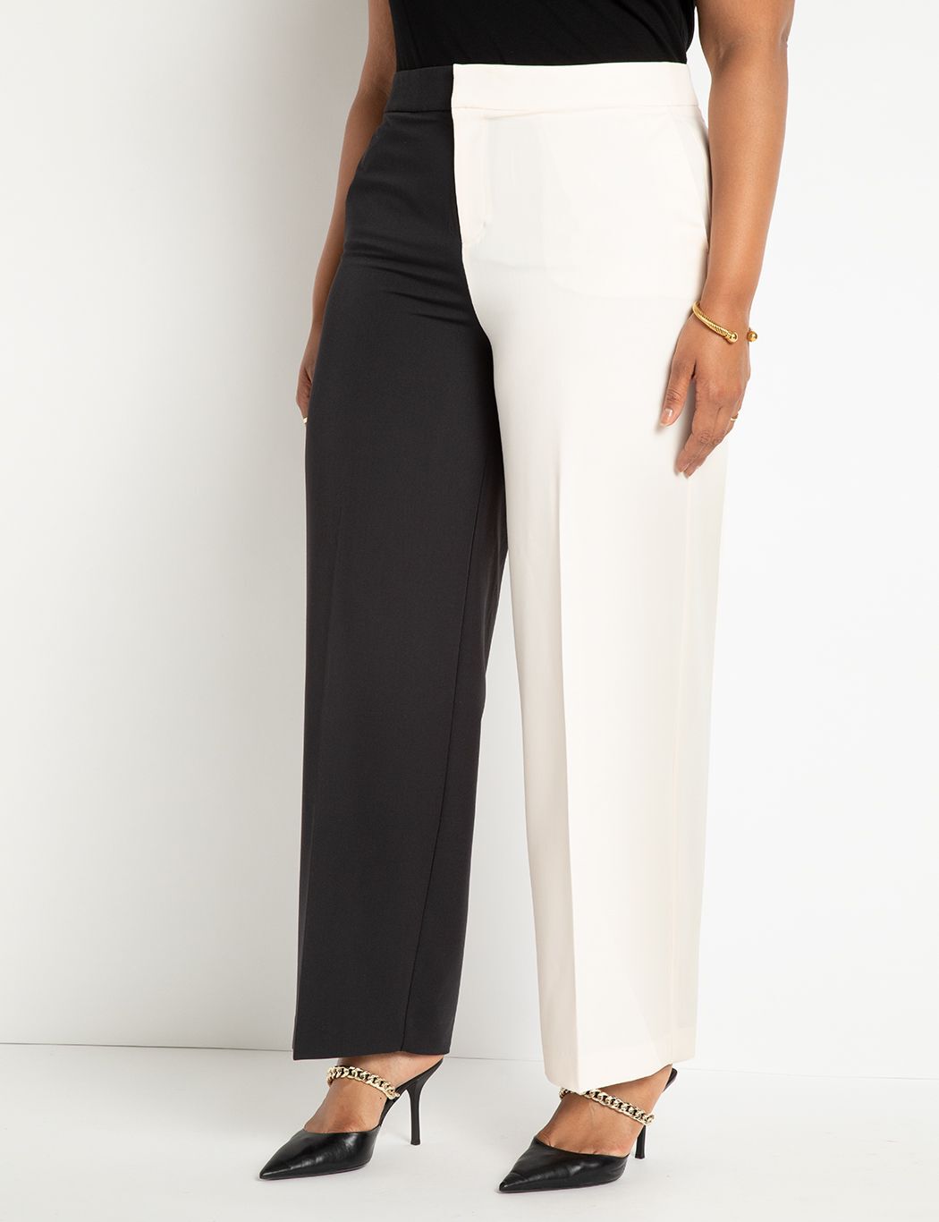High Rise Colorblock Straight Pant, Black Onyx + White S | Eloquii