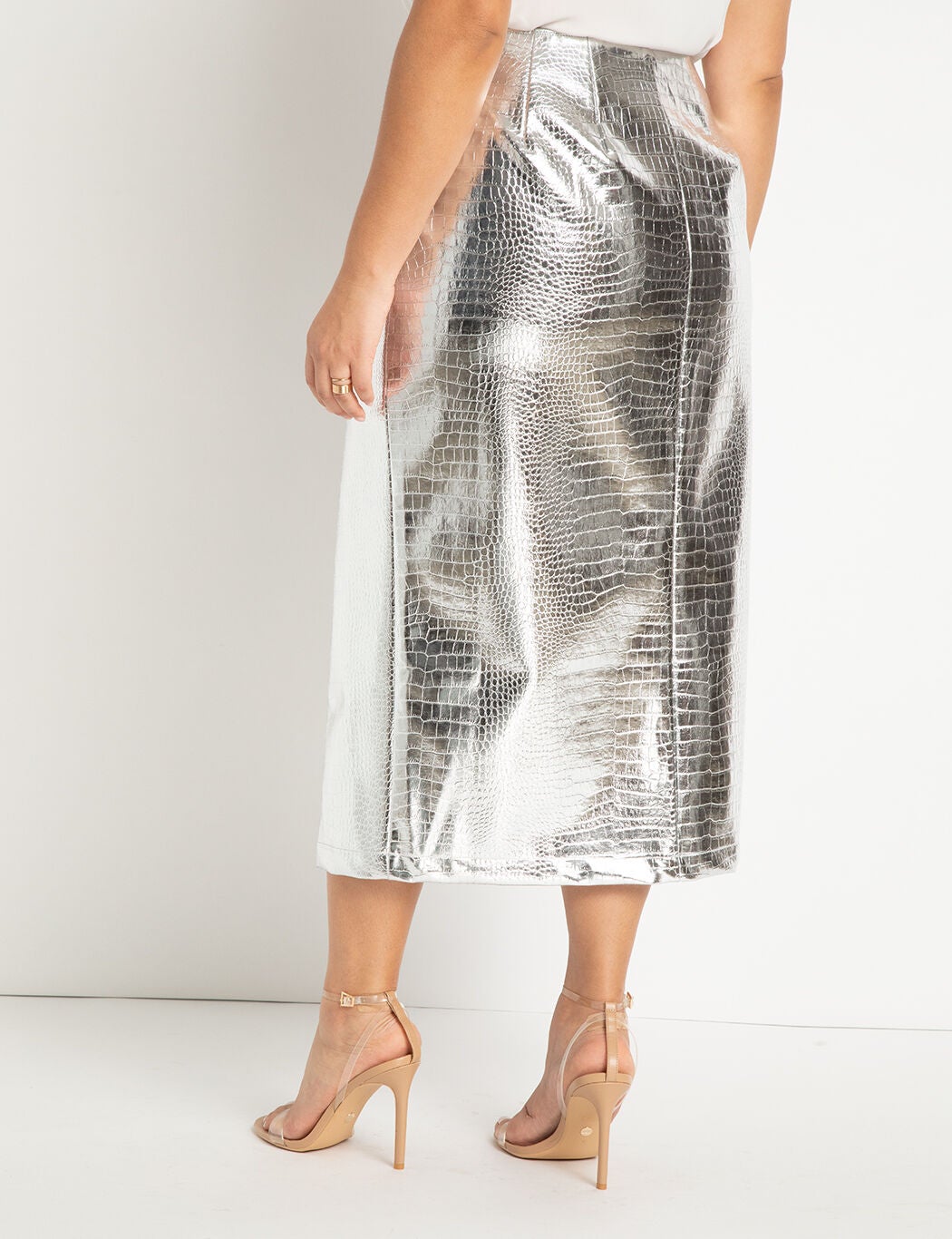 Metallic Silver Faux Leather Zip Front Skirt | Eloquii