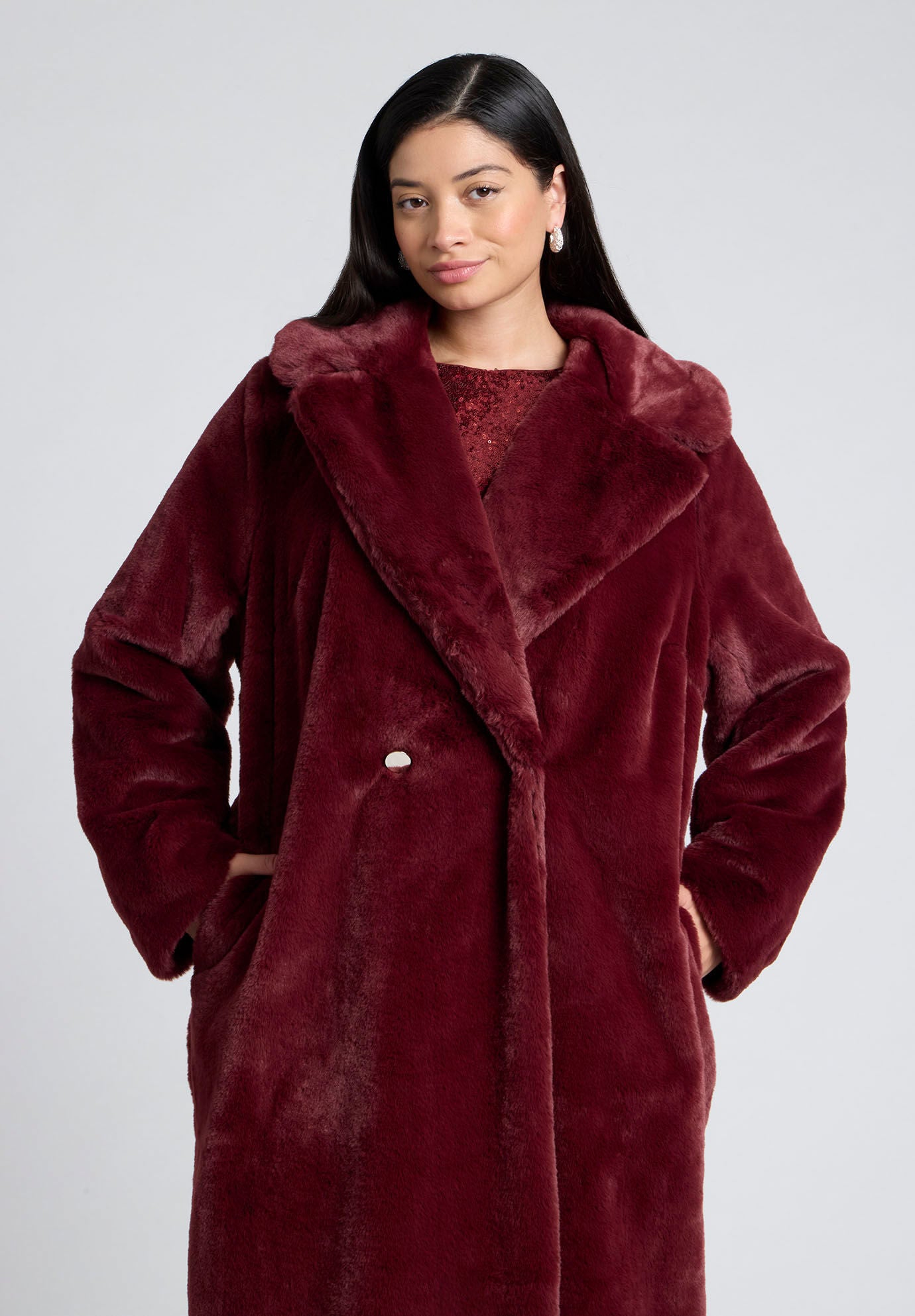 Faux Fur Long Coat, Double Breasted Style, Burgundy | Eloquii