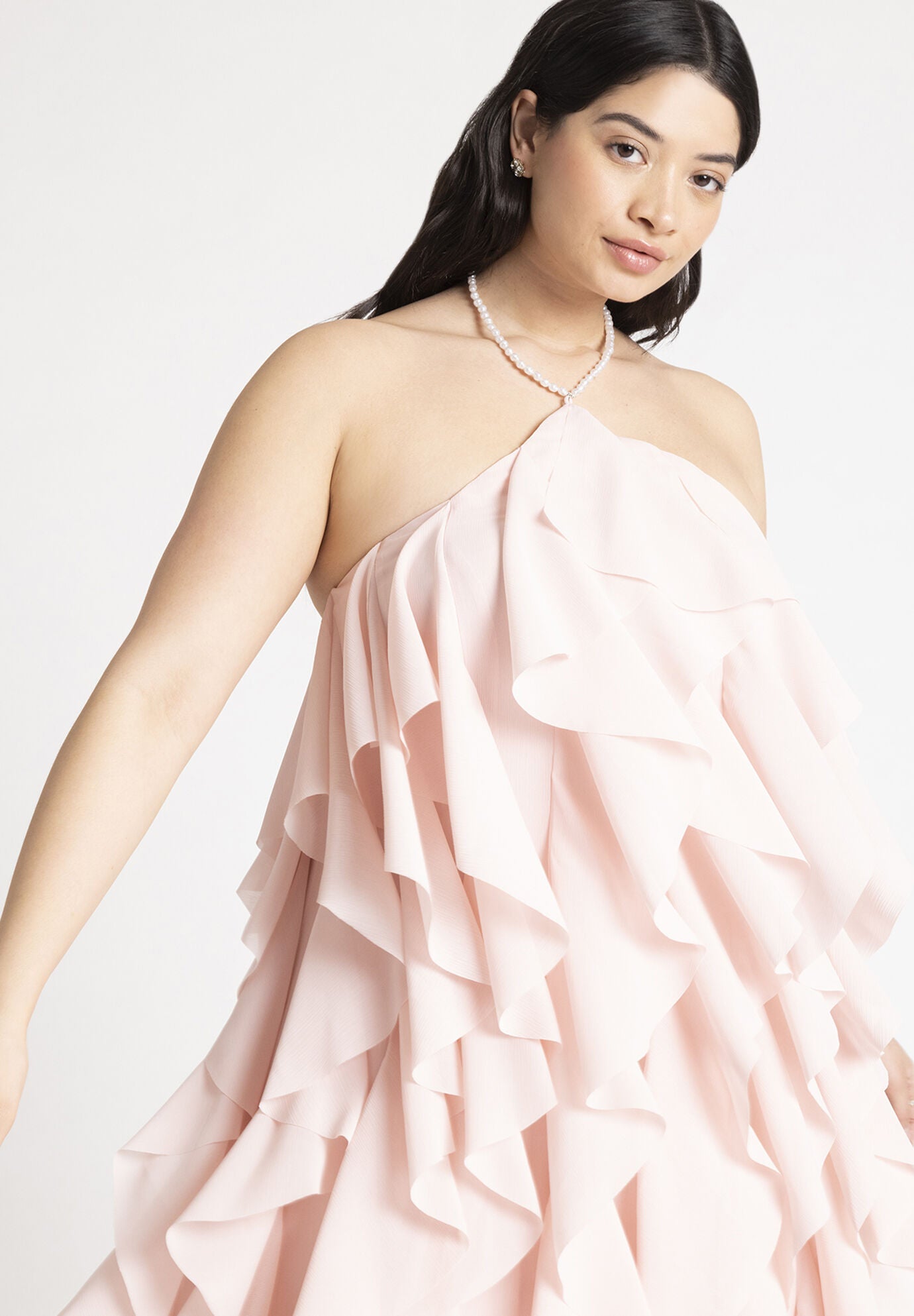 Ruffled Tiers Halter Neck Mini Dress, Light Pink | Eloquii