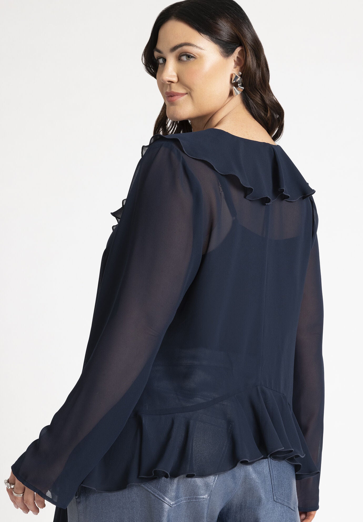 Ruffle Trim Blouse with V-Neck Pullover, Rich Navy | Eloquii