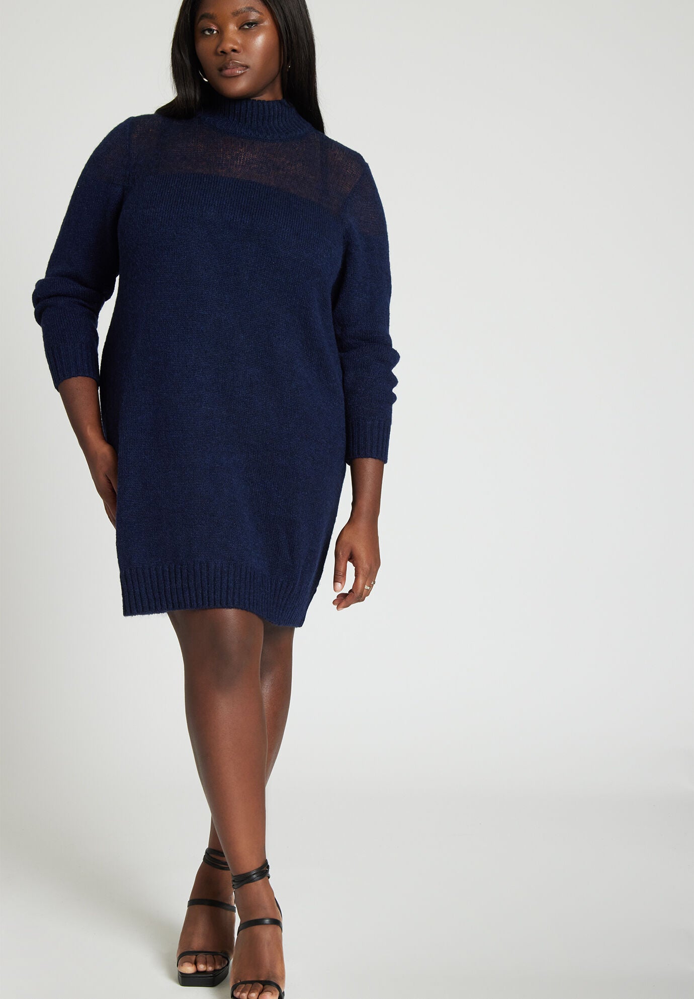 Sheer Panel Ribbed Turtleneck Sweater Dress, Pageant Blue | Eloquii