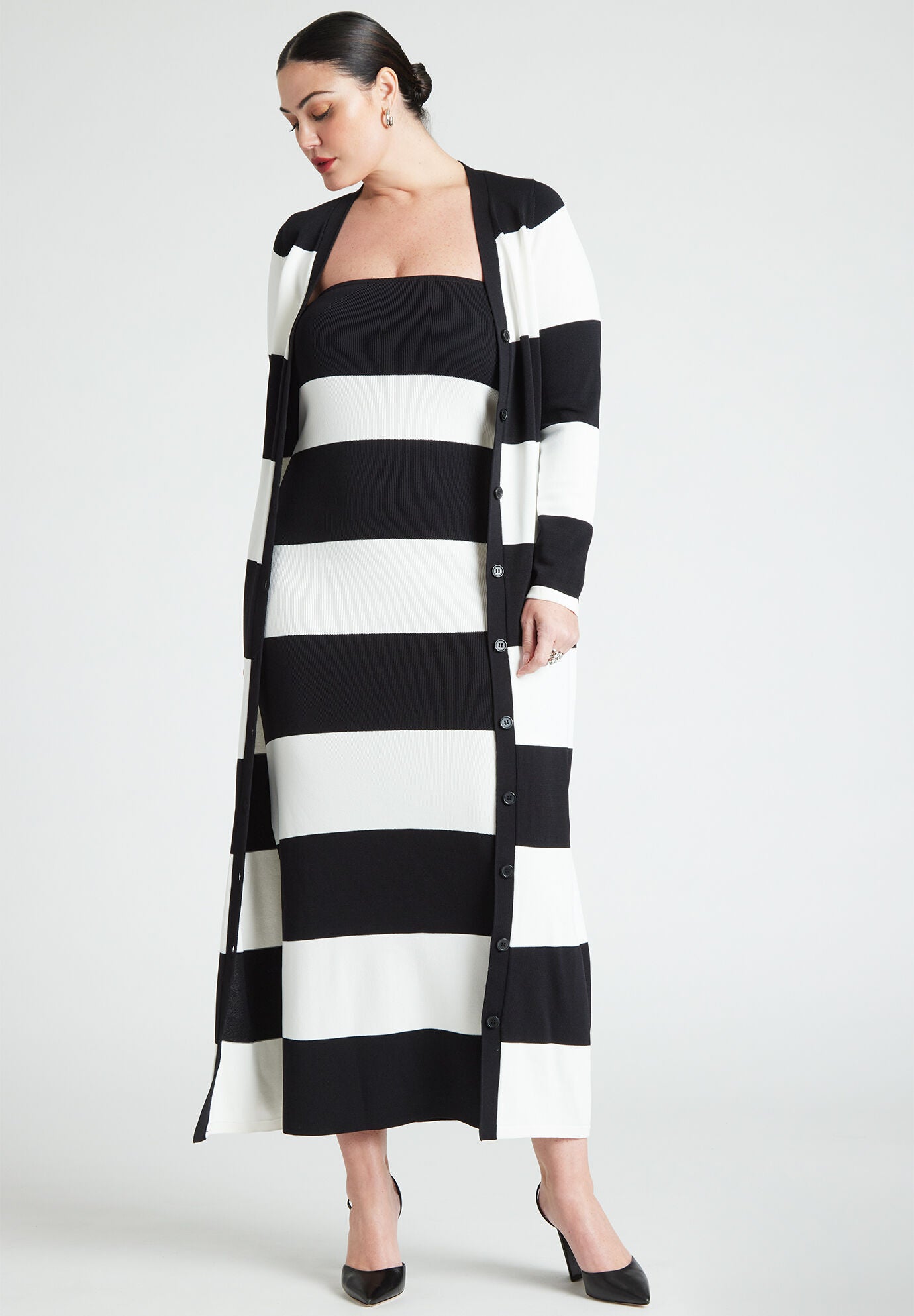Long Striped Cardigan - Maxi Sweater, Black White Stripe | Eloquii