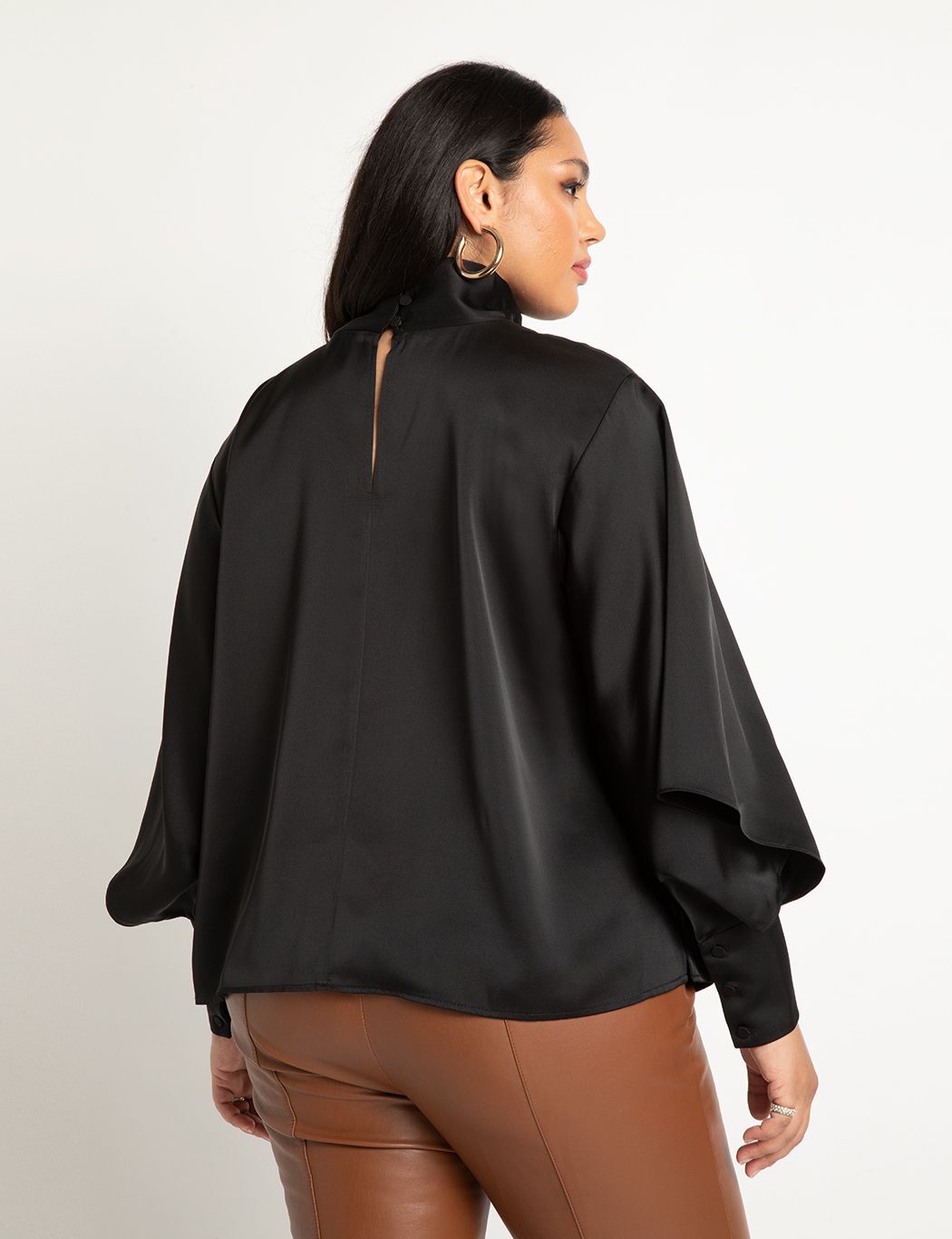 Draped Neck Satin Blouse - Easy Fit High Neck, Totally Black | Eloquii
