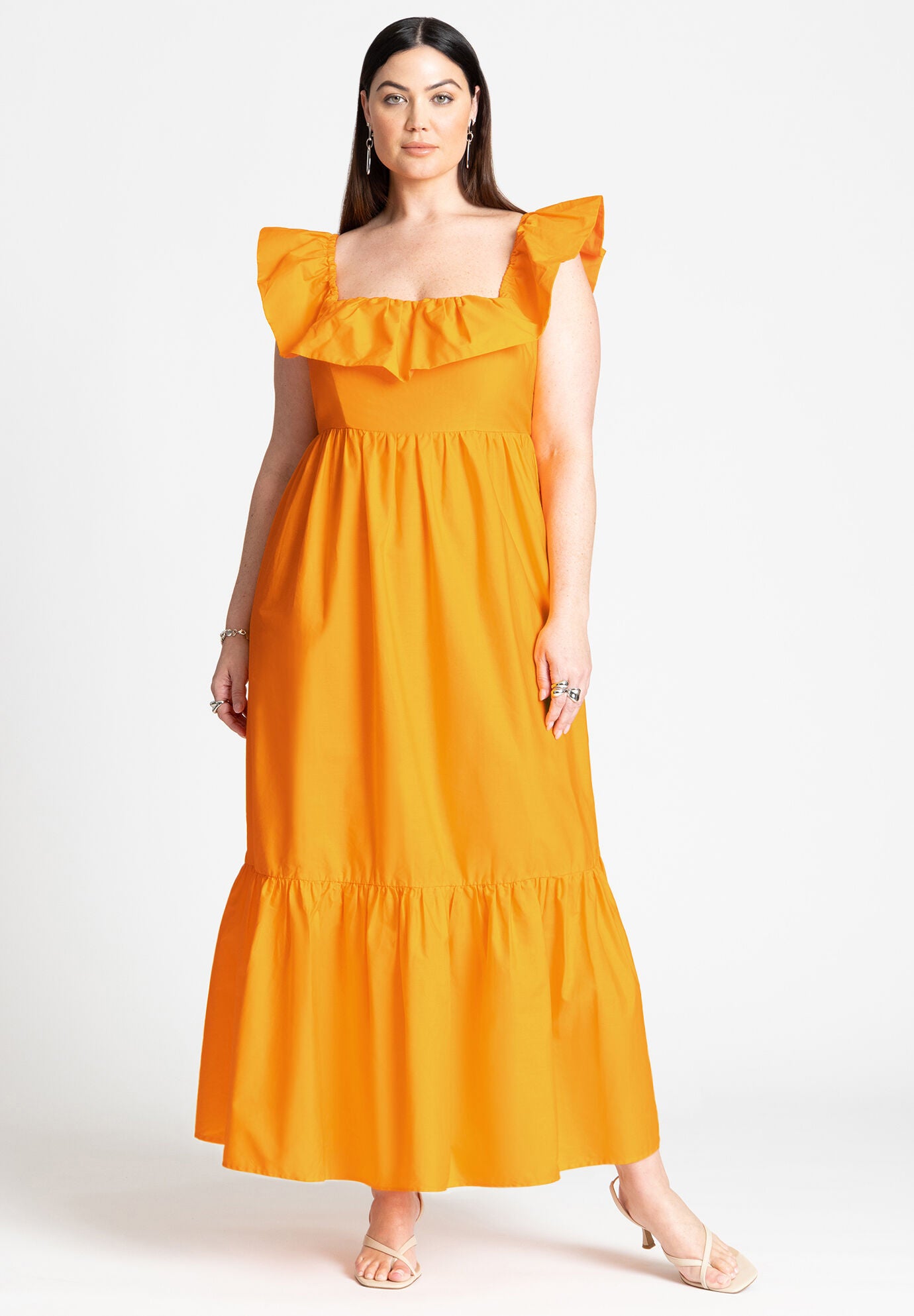 Maxi Poplin Dress - Off Shoulder, Smocked Back, Tangelo | Eloquii