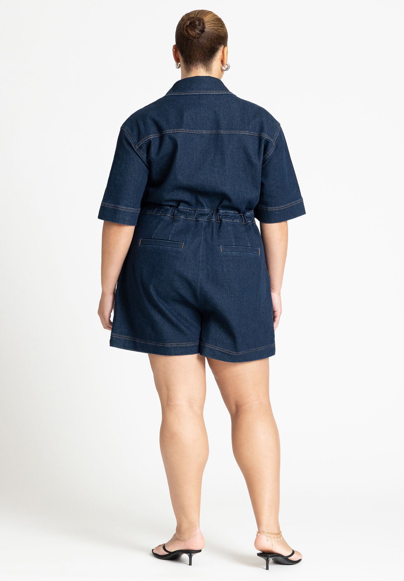 Denim Collared Wrap Romper | Eloquii