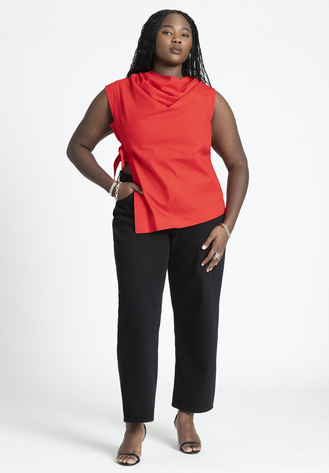 Asym Tie Top 100% Cotton Relaxed Fit, High Risk Red | Eloquii