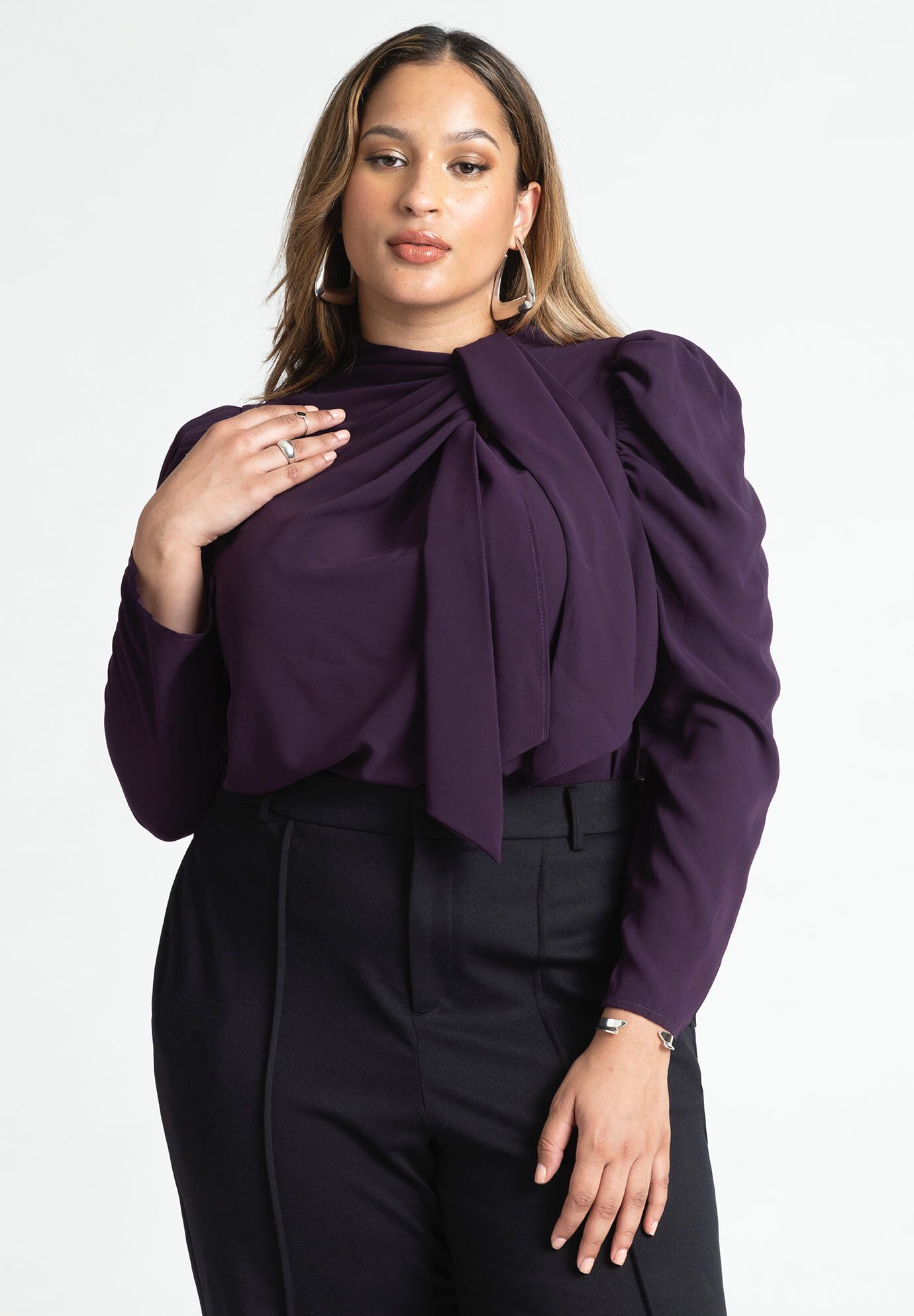 "Puff Sleeve Drape Front Blouse - Tie Neck", Orchid Purple | Eloquii