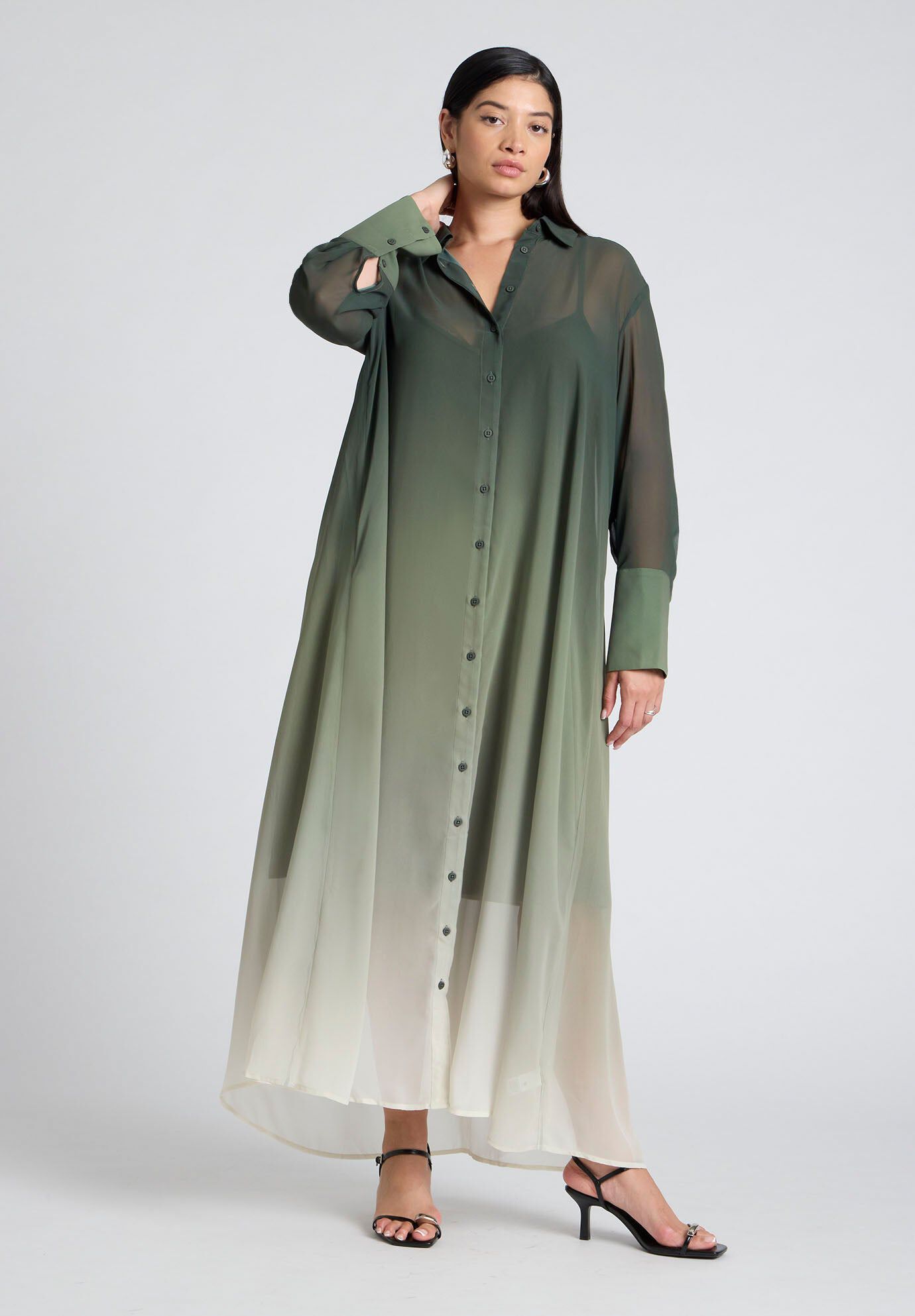 Ombre Shirt Dress with Functional Front Placket, Forest Ombre | Eloquii