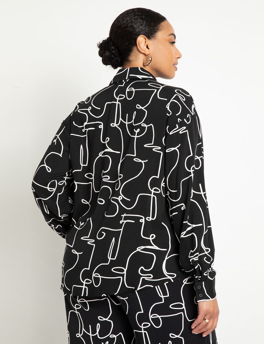 Printed Button Down Shirt with Side Slits, Black Doodle | Eloquii