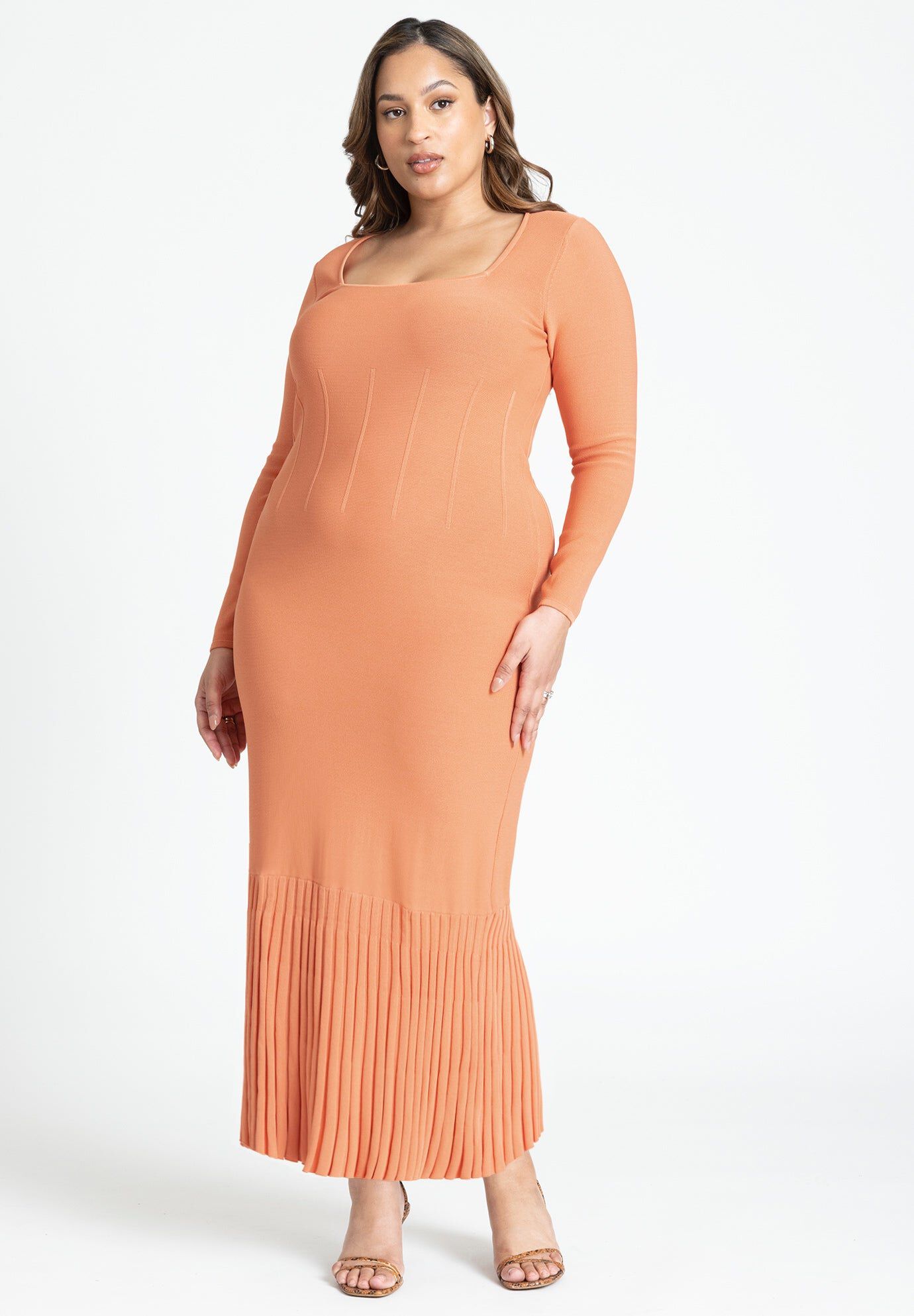 Long Sleeve Sweater Dress with Pleat Hem - Bodycon, Apricot Haze | ELOQUII