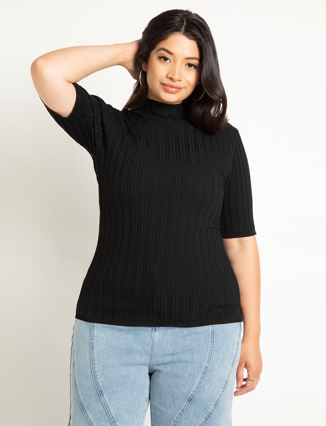 Funnel Neck Elbow Sleeve Sweater – Sleek Fit, Black Onyx | Eloquii