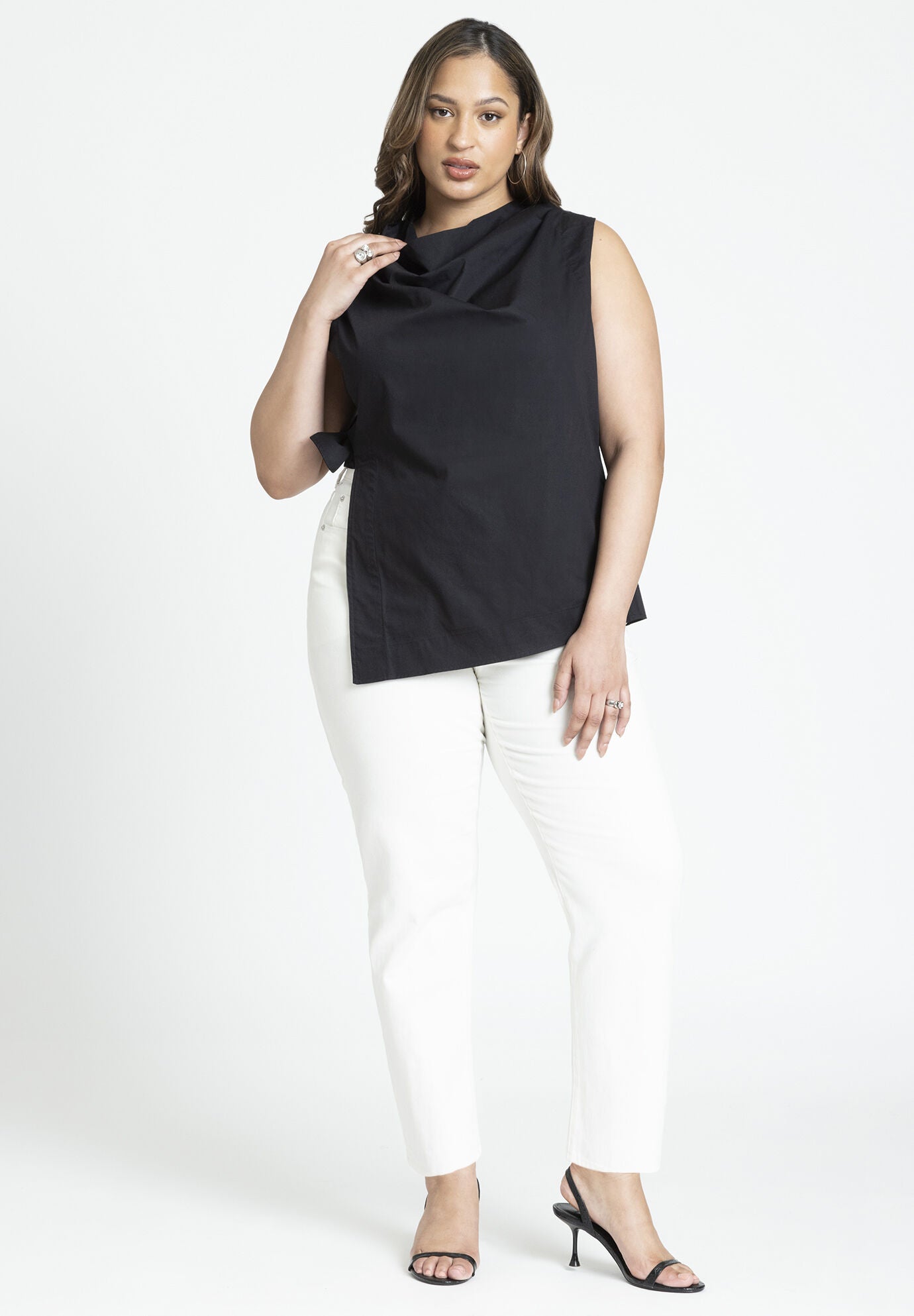 Asym Tie Top 100% Cotton Relaxed Fit, Black Onyx | Eloquii