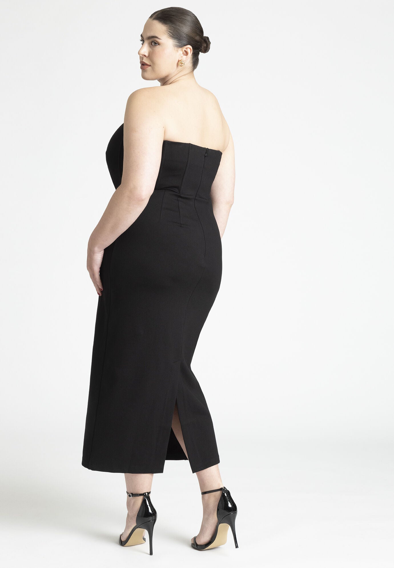 Corset Column Dress - Bodycon Strapless Midi, Black Onyx | Eloquii