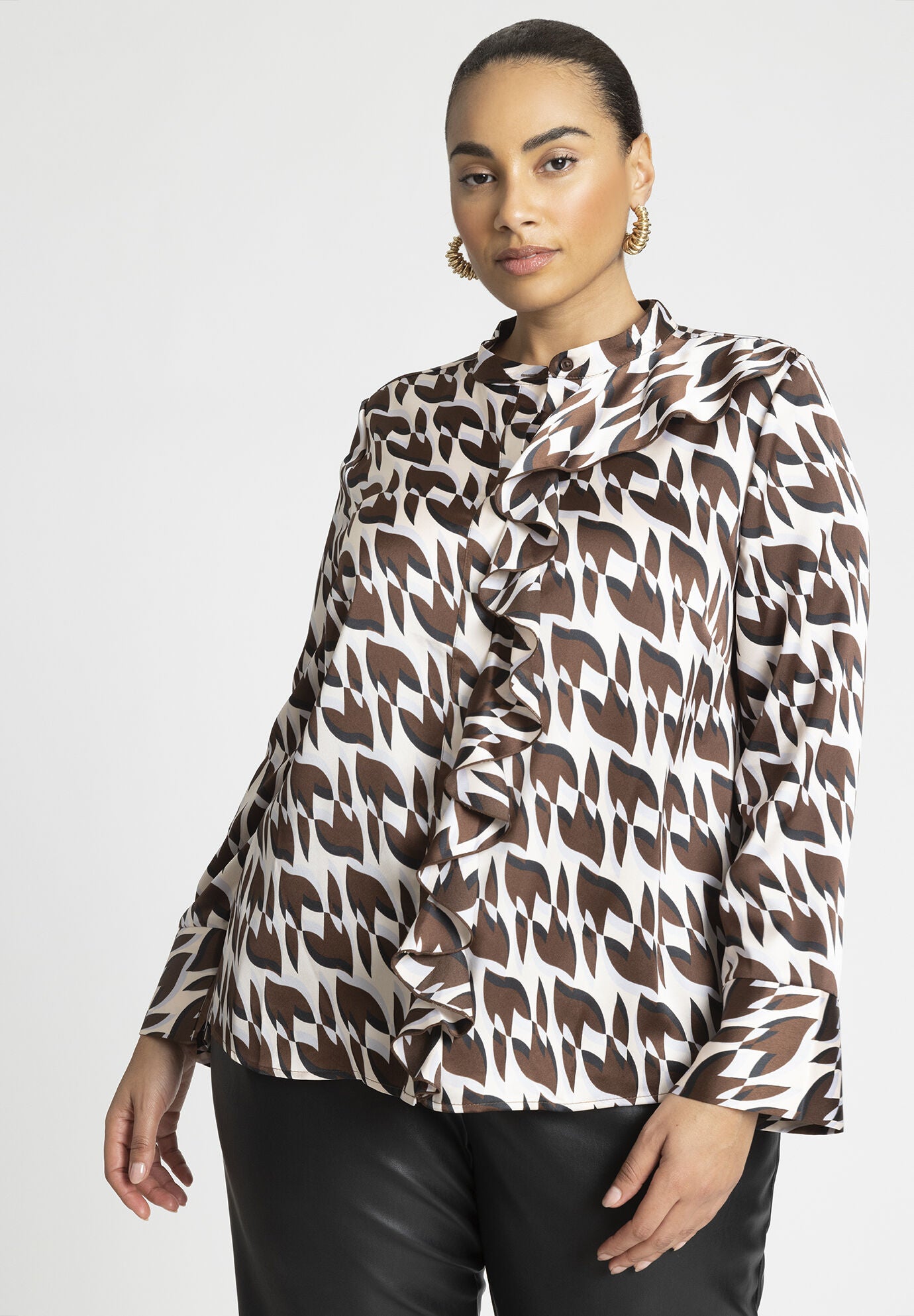 Ruffle Neckline Button Front Blouse - Size 14-28, Le Petit Geo | Eloquii