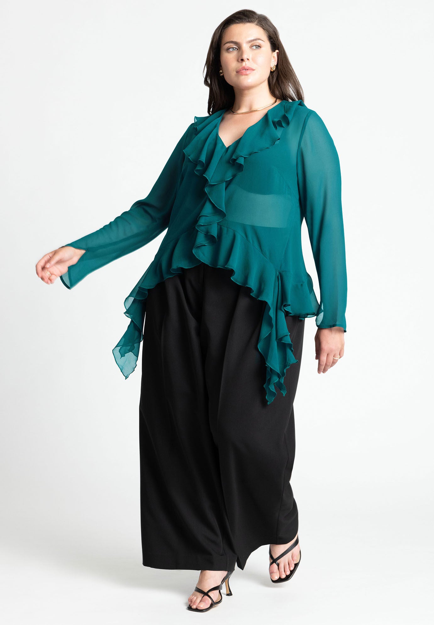 Ruffle Trim Blouse with V-Neck Pullover, Storm | Eloquii