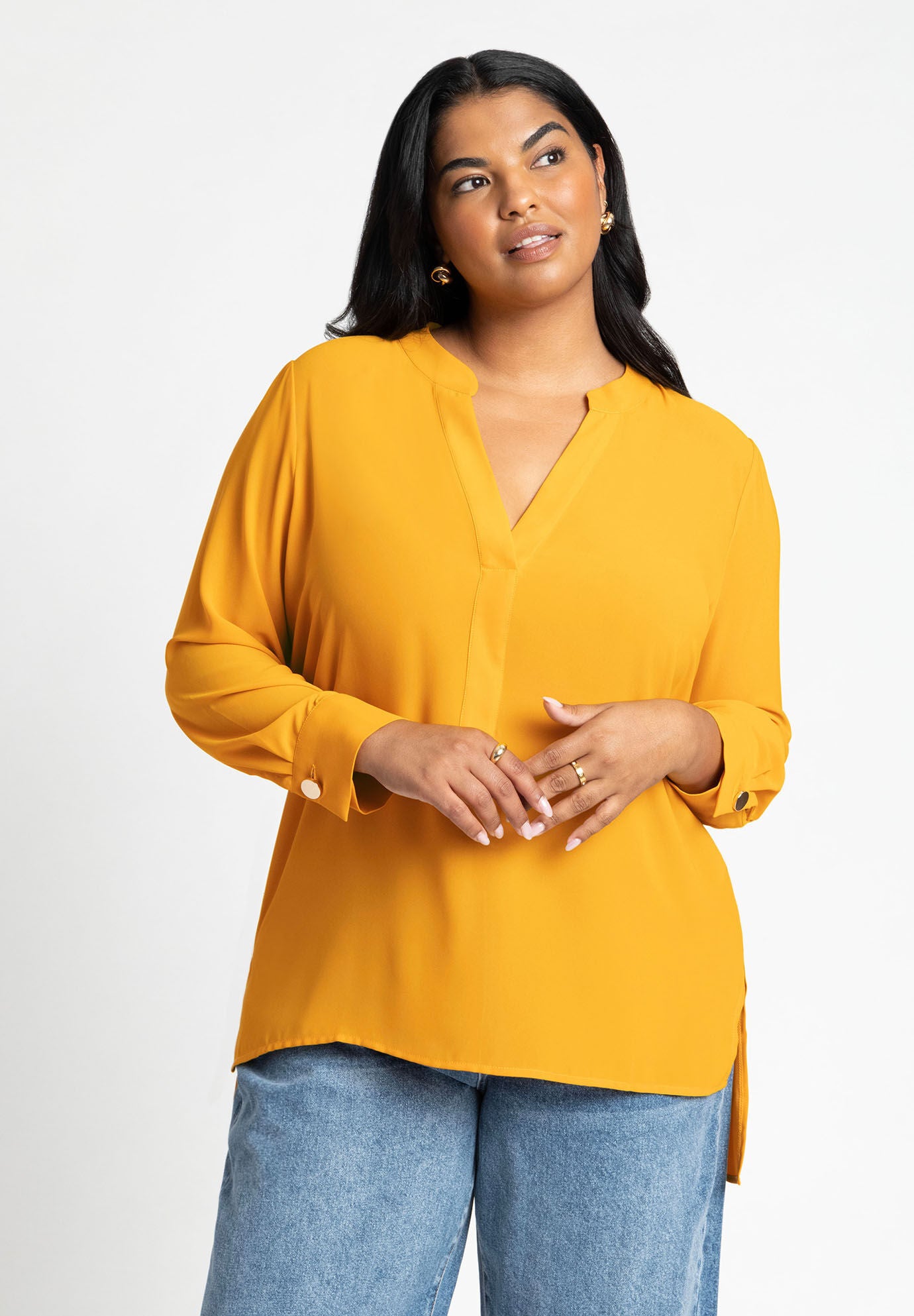 Mandarin Collar Tunic with Hi-Lo Hemline, Gold | Eloquii