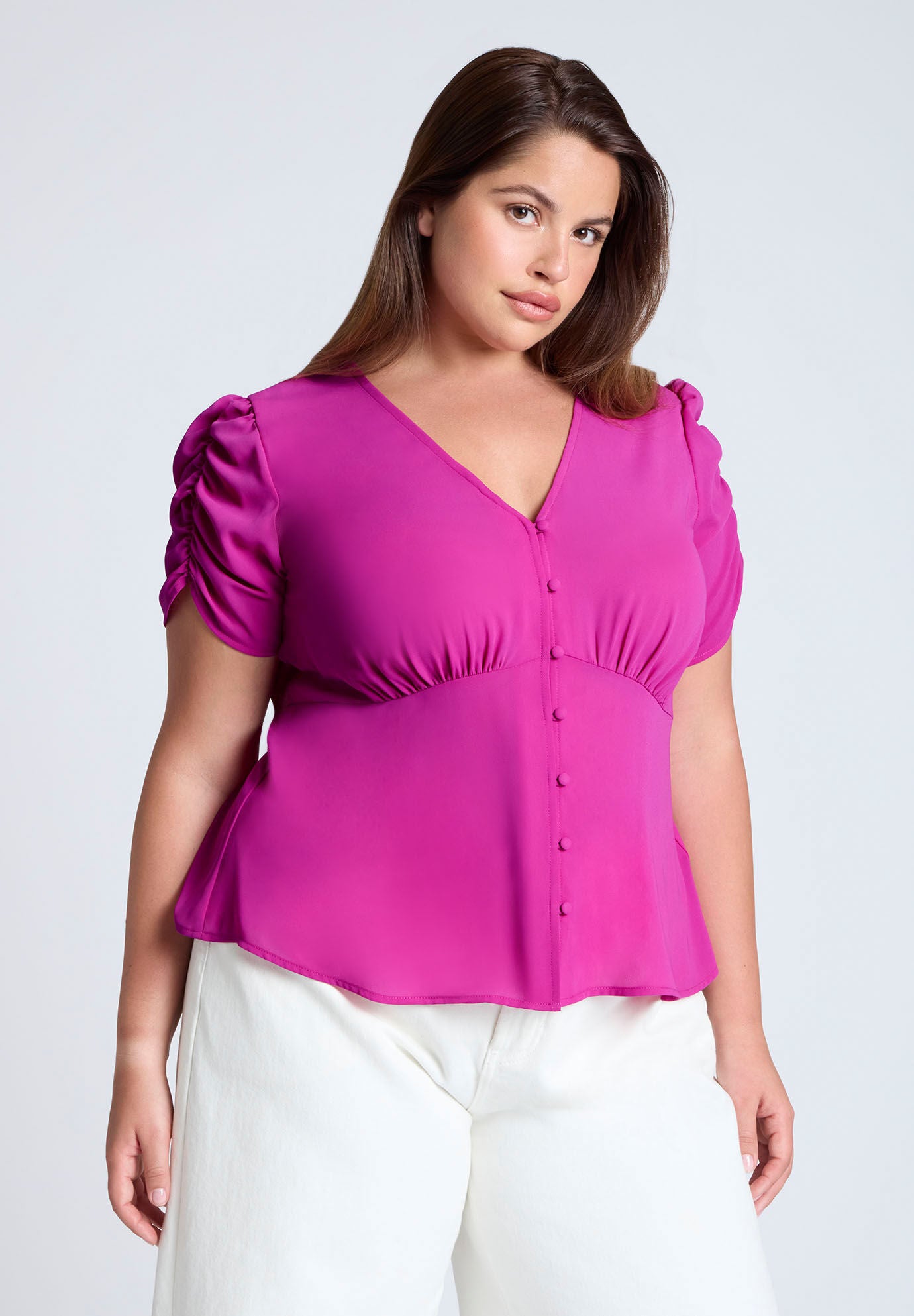 V-Neck Shirred Sleeve Blouse - Buttoned Style, Berry | Eloquii