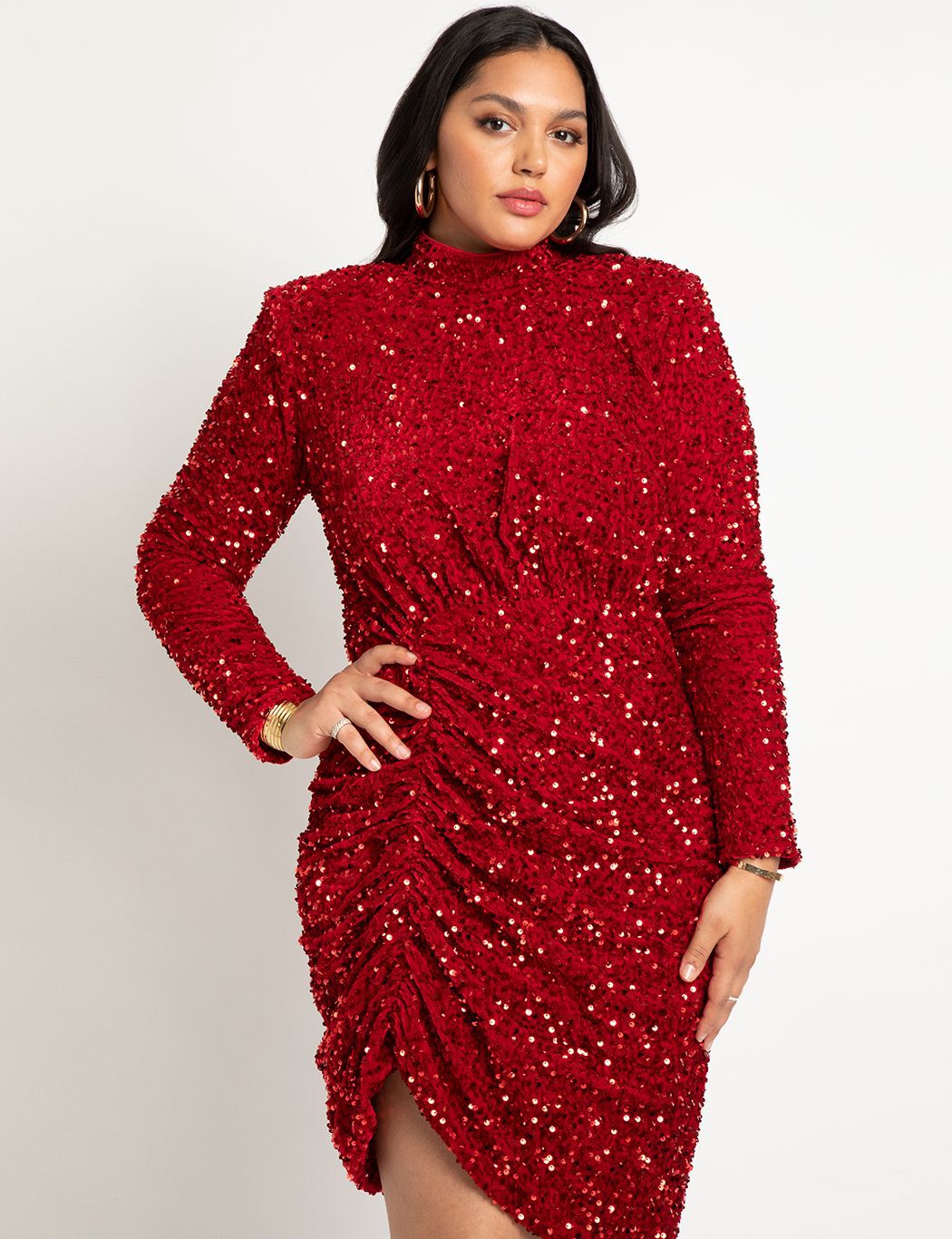 Ruched Sequin Dress - Mock Neck Mini, Savvy Red | Eloquii