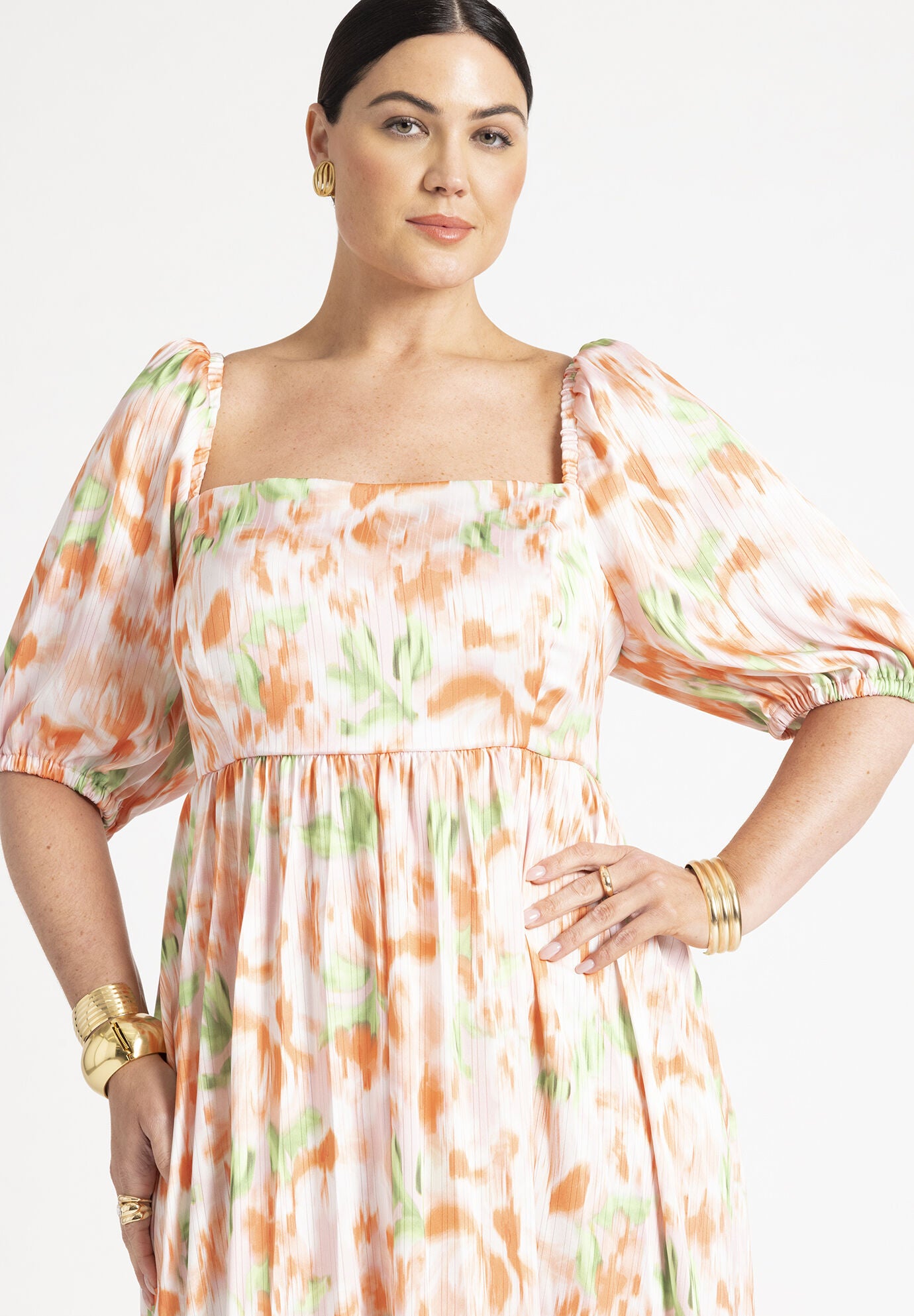 Puff Sleeve Pleated Maxi Dress for Women, Petals | Eloquii