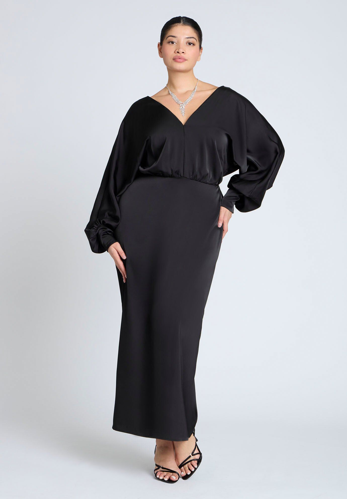 Dramatic Sleeve Satin Column Dress | ELOQUII