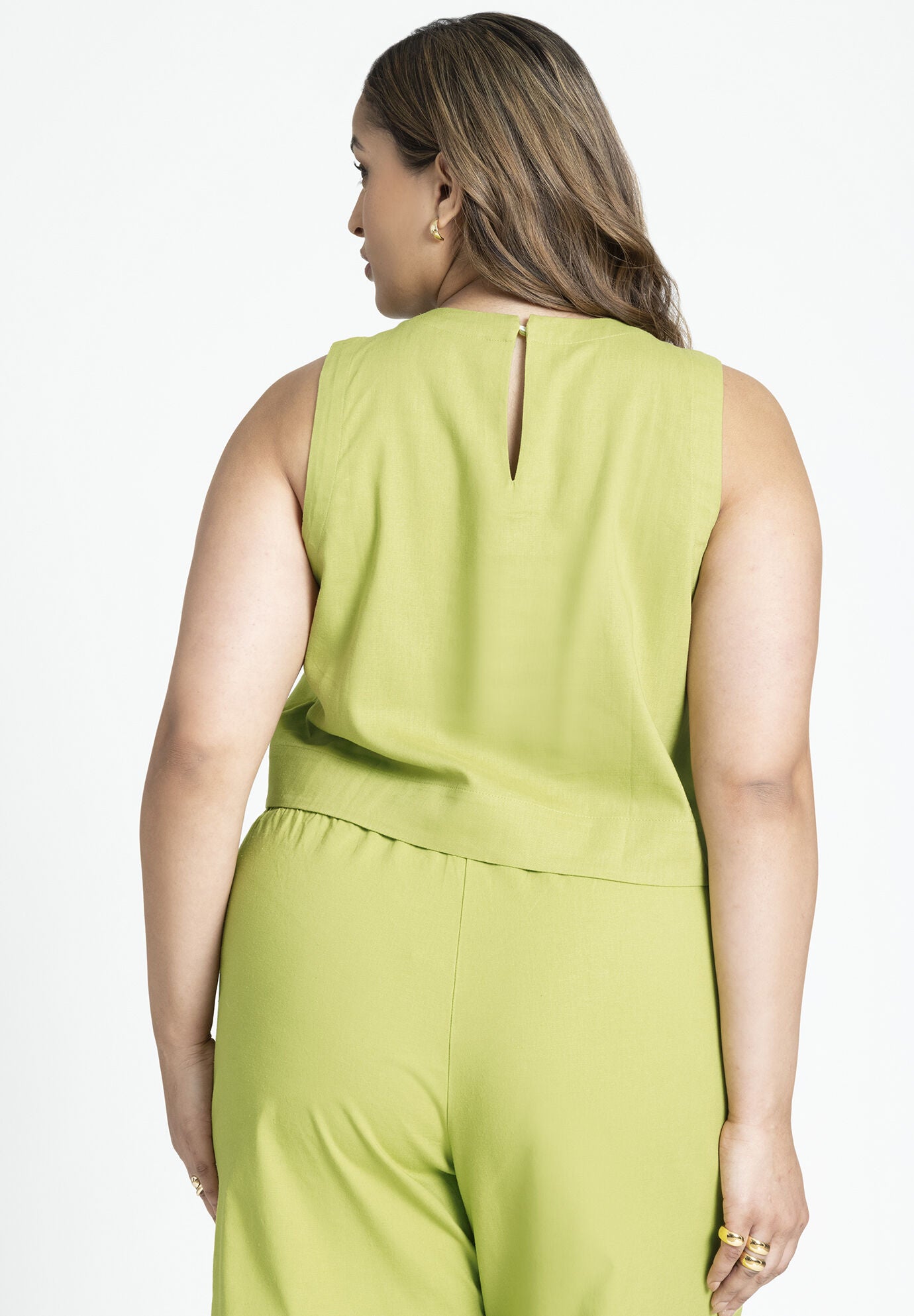 Boxy Linen-Blend Scoop Neck Crop Tank, Aloe Green | Eloquii