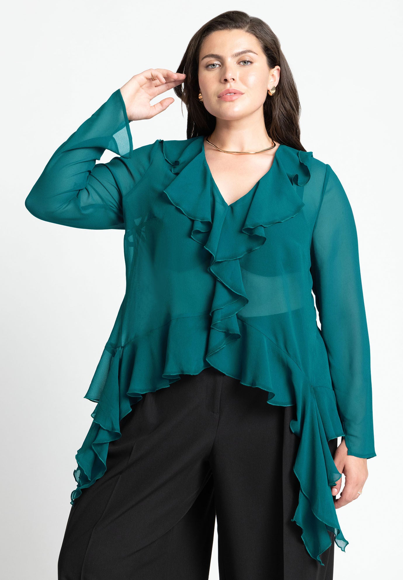 Ruffle Trim Blouse with V-Neck Pullover, Storm | Eloquii