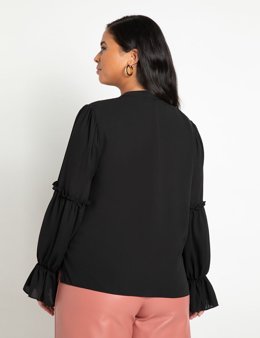 Ruffle Blouse with Ties - Flowy Crepe Style, Totally Black | Eloquii